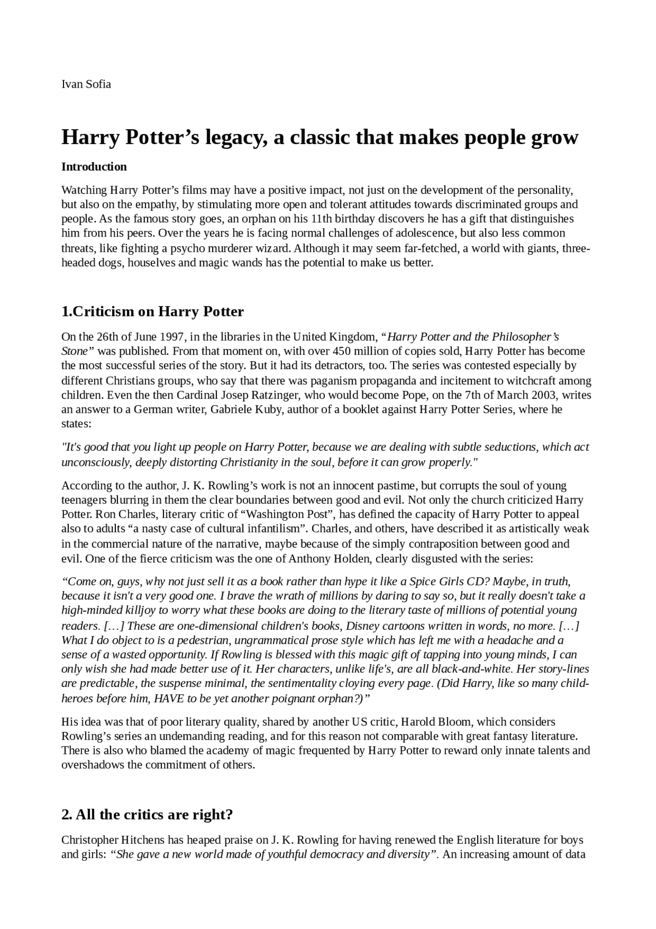 Essay on Harry Potter and his role in the society - Docsity