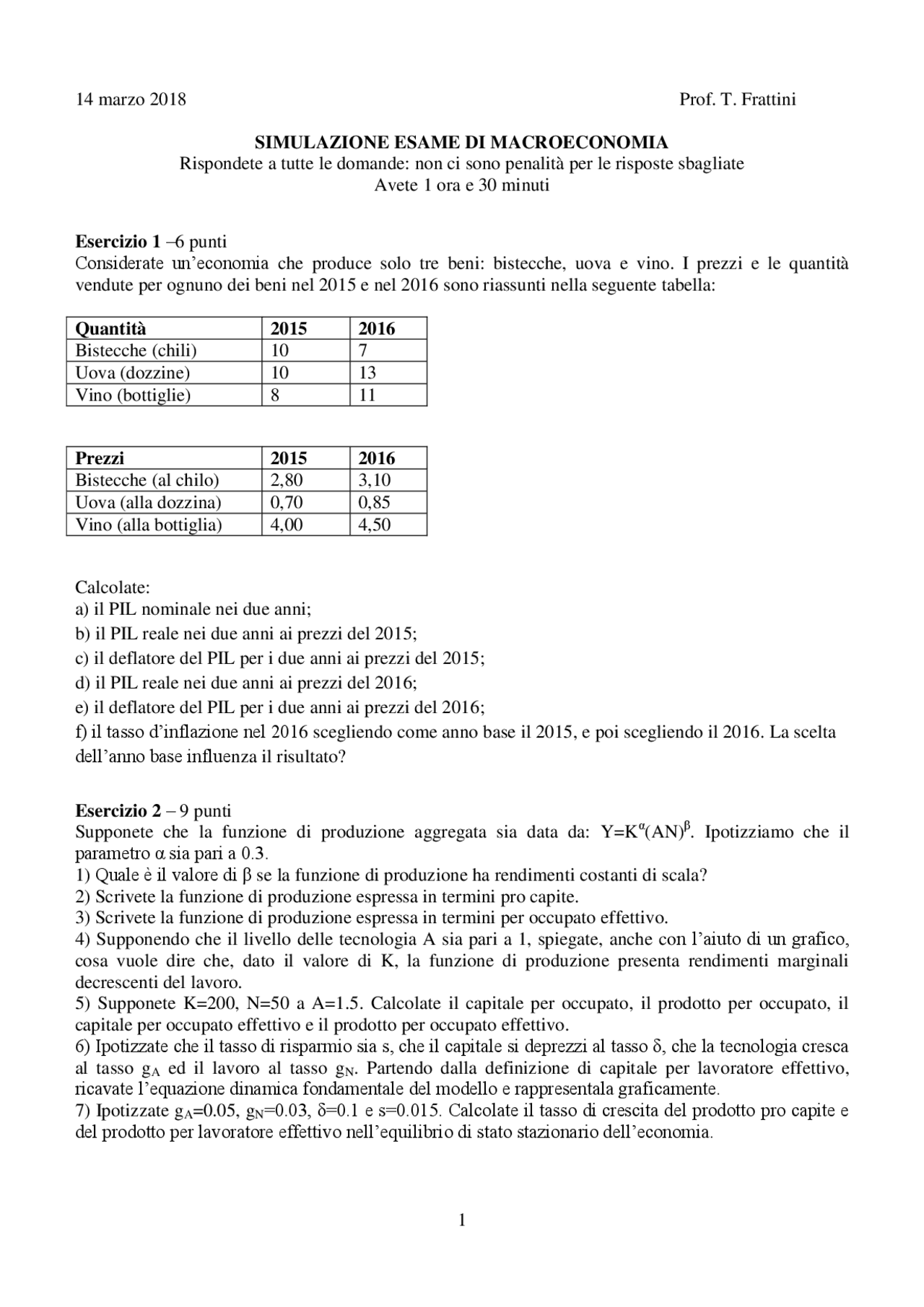 Simulazione Esame Macroeconomia 2018 Docsity