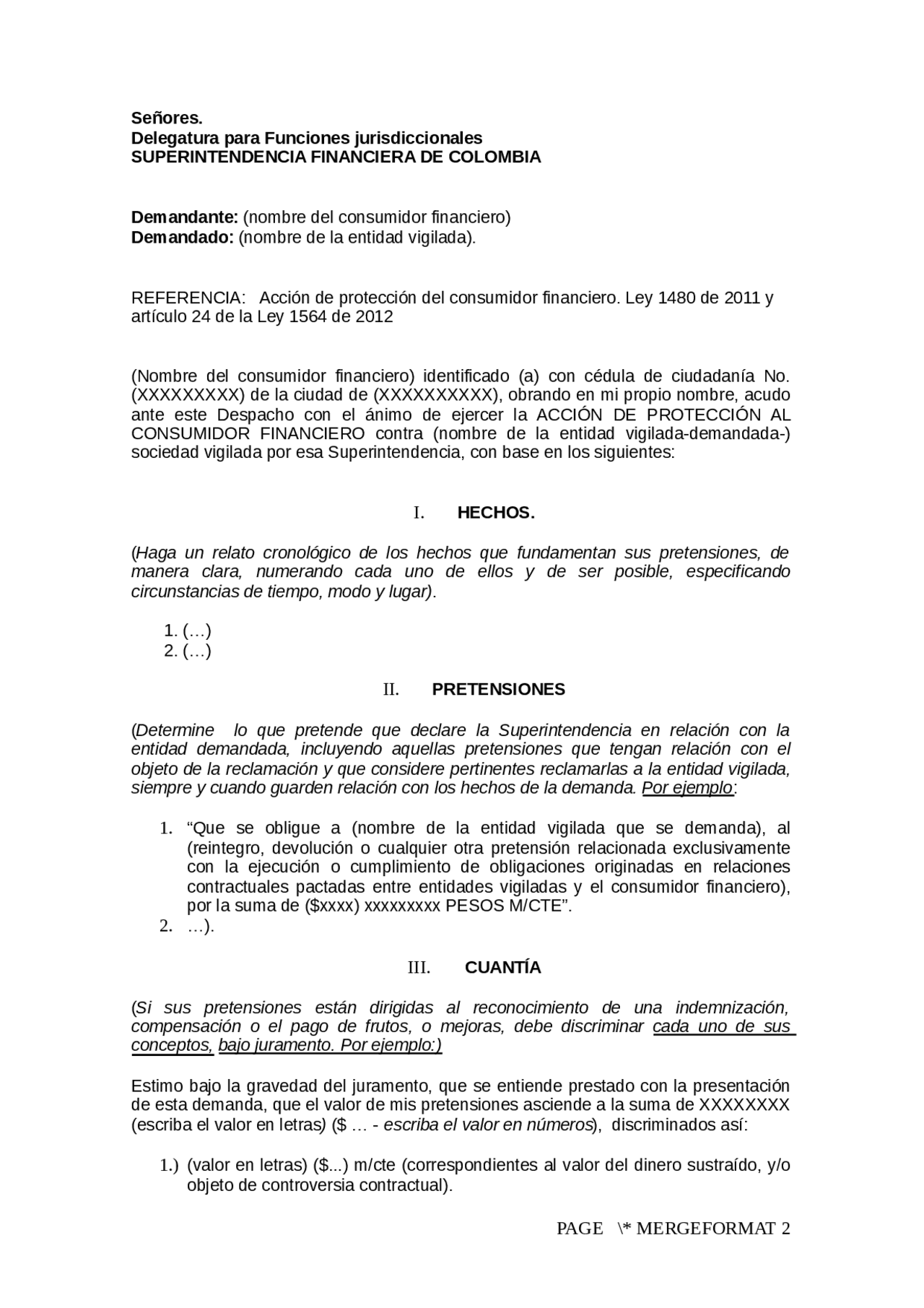 modelo de demanda ante financiera | Ejercicios de Derecho | Docsity