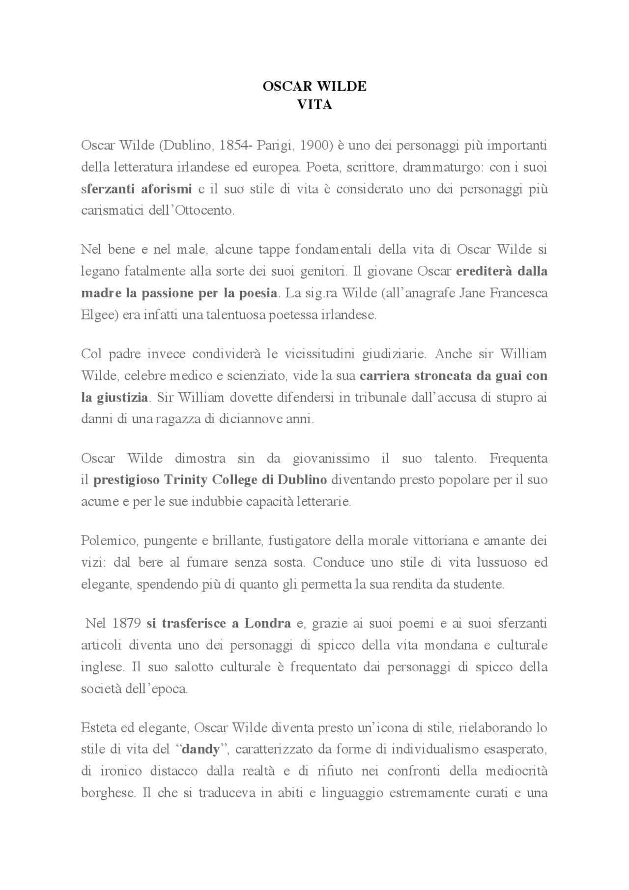 Vita Dello Scrittore Oscar Wilde Docsity