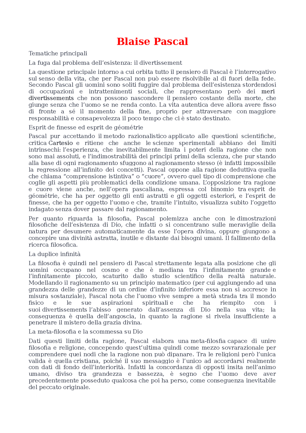 Riassunto Vita E Tematiche Di Blaise Pascal Docsity