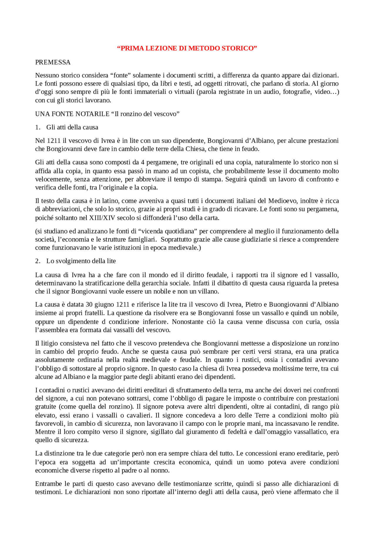 Prima Lezione Di Metodo Storico Docsity