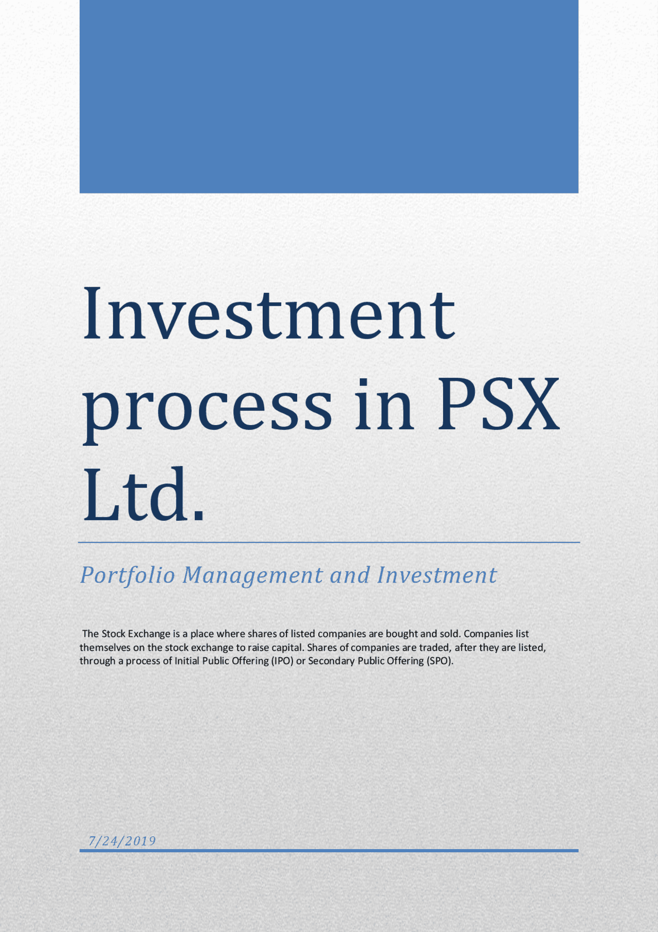 Investment process in PSX - Docsity