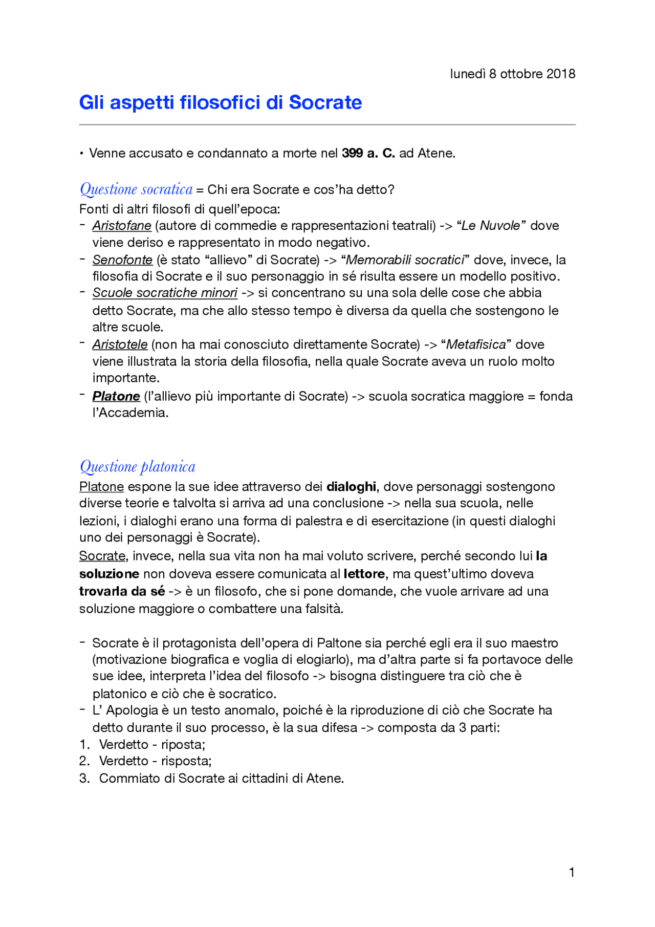 Il pensiero di Socrate - Docsity
