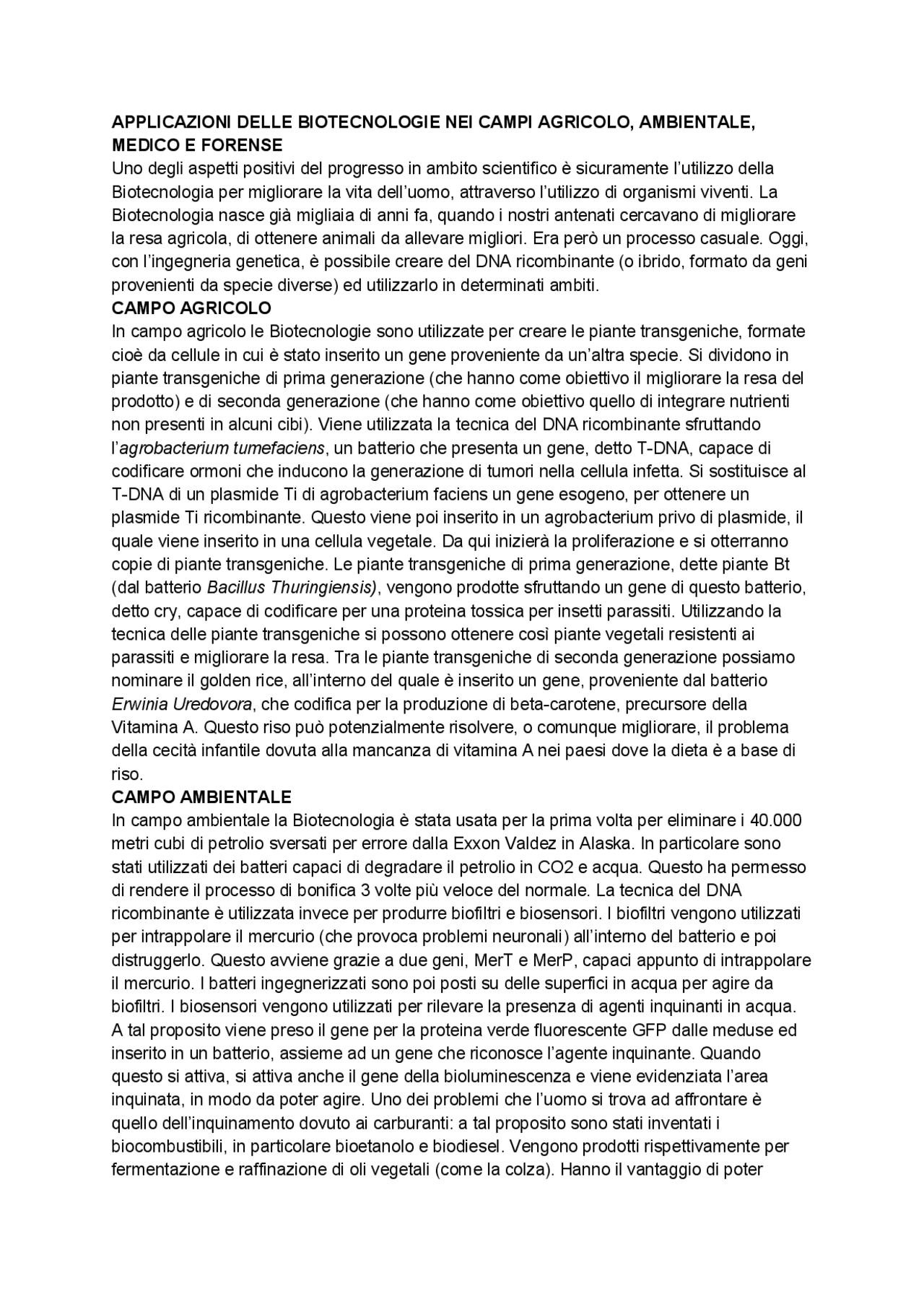 Applicazioni Delle Biotecnologie In Vari Campi Docsity