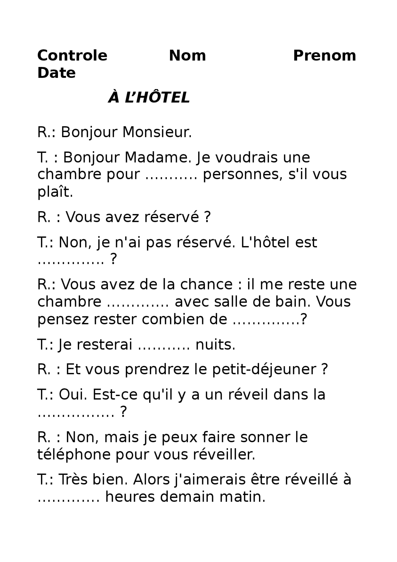 Dialogue à completer: à l'hotel - Docsity