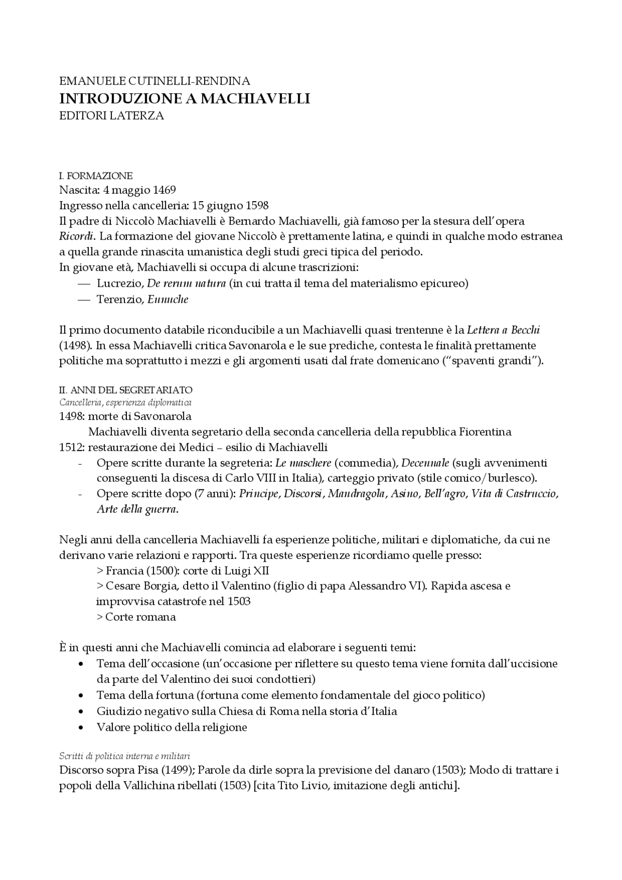 Riassunto Cutinelli Rendina Introduzione A Machiavelli Docsity