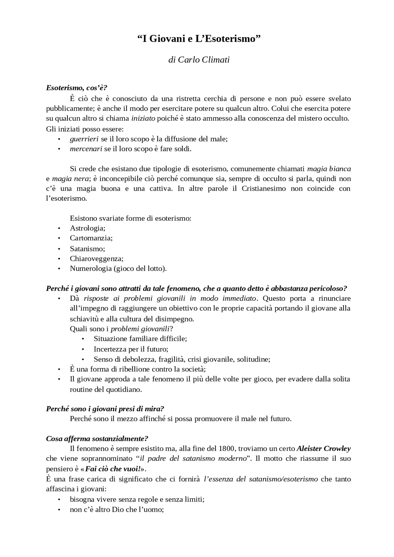 I Giovani E Lesoterismo Carlo Climati Sintesi Docsity
