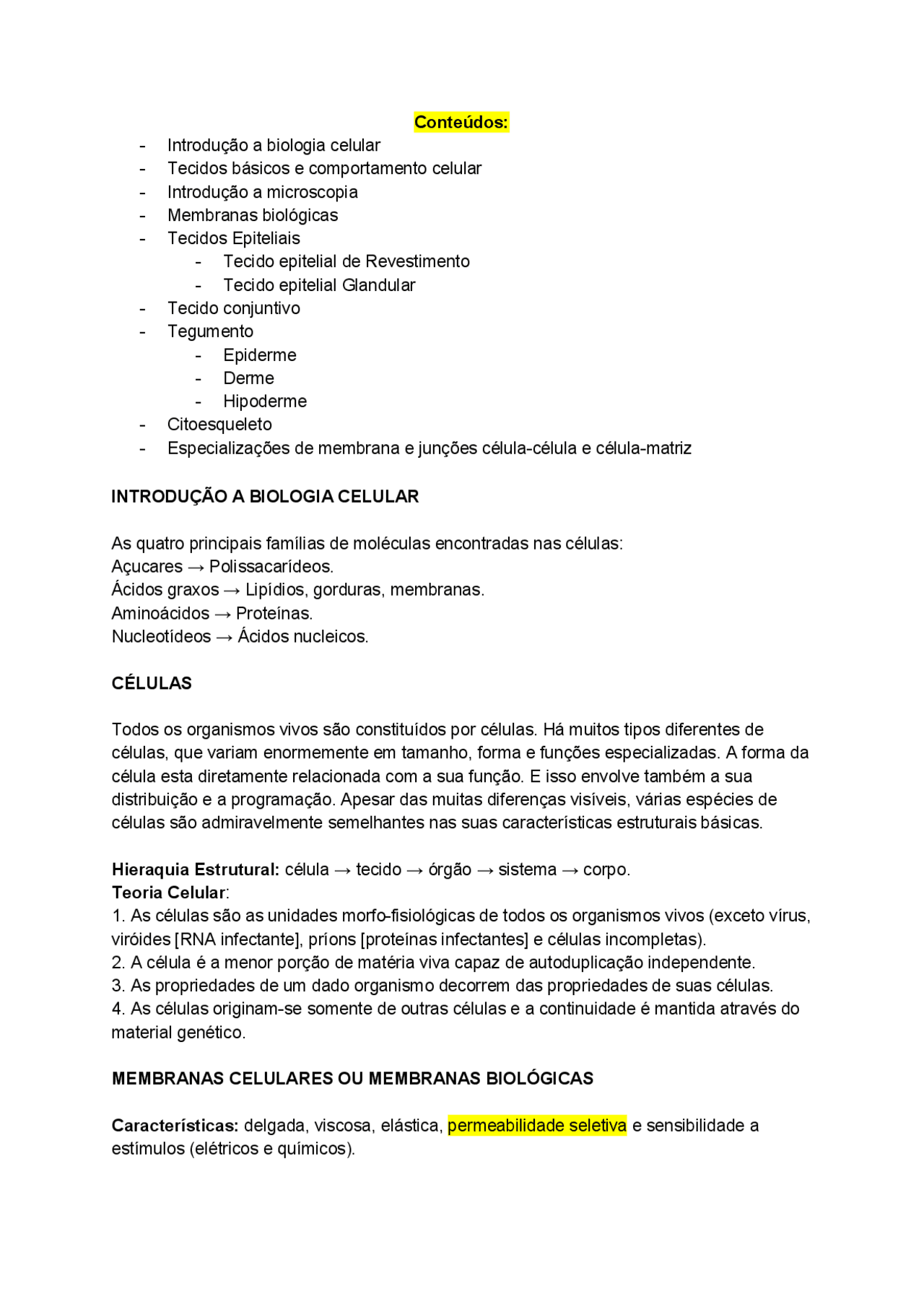 Resumão Biologia Celular 1 Resumos Biologia Celular Docsity