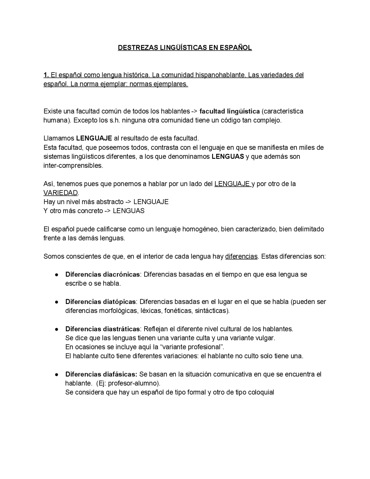 Destrezas lingüísticas en español - Docsity