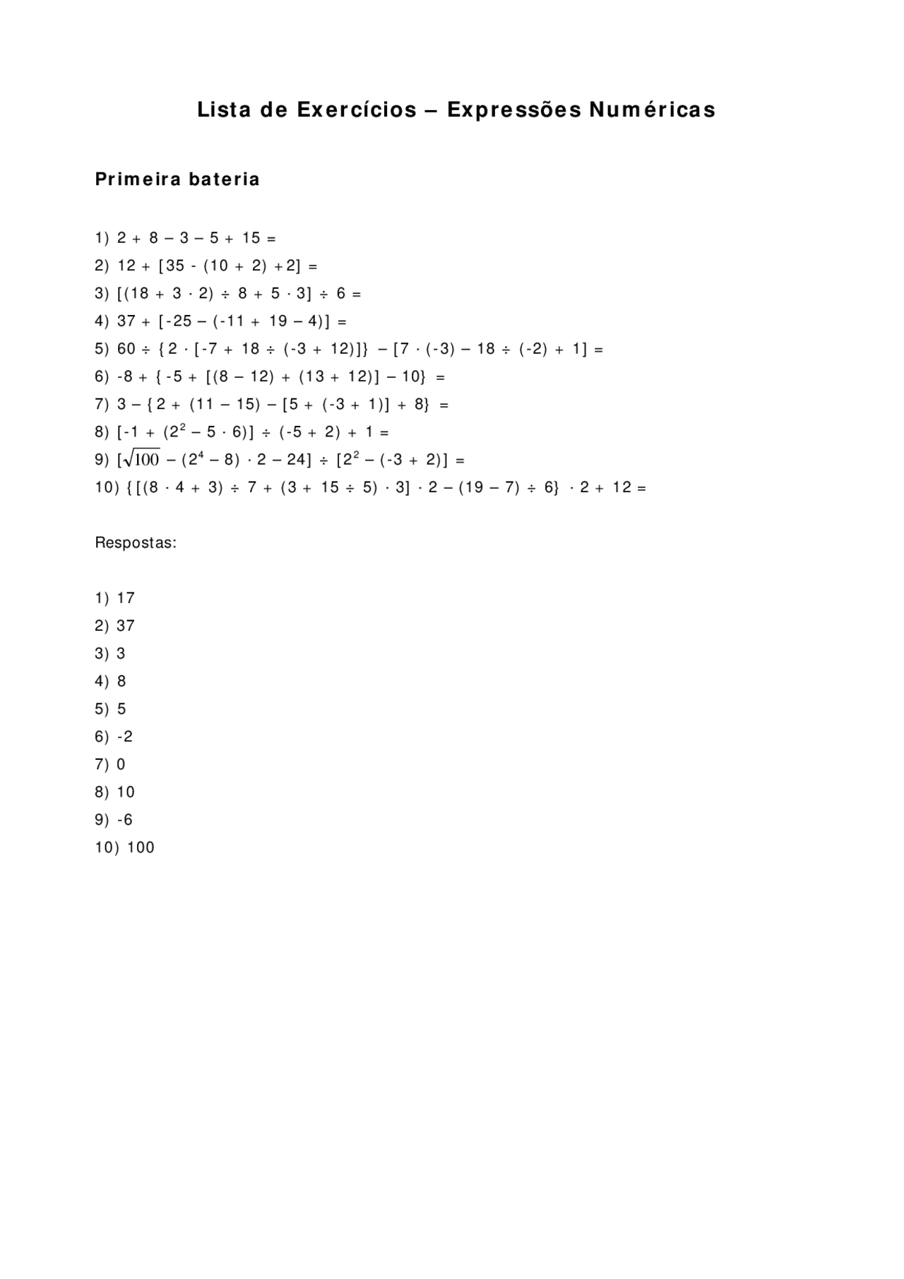 Exercícios Sobre Expressões Numéricas Exercícios Matemática Docsity
