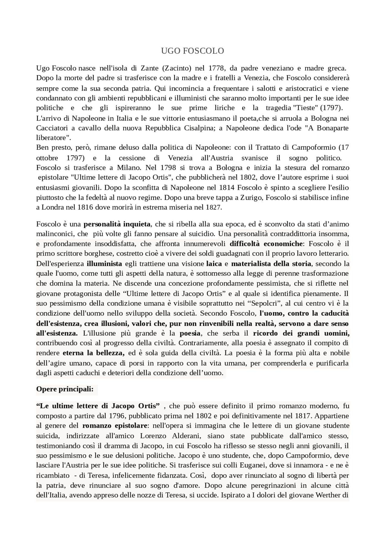 Ugo Foscolo Vita Opere E Pensiero Docsity
