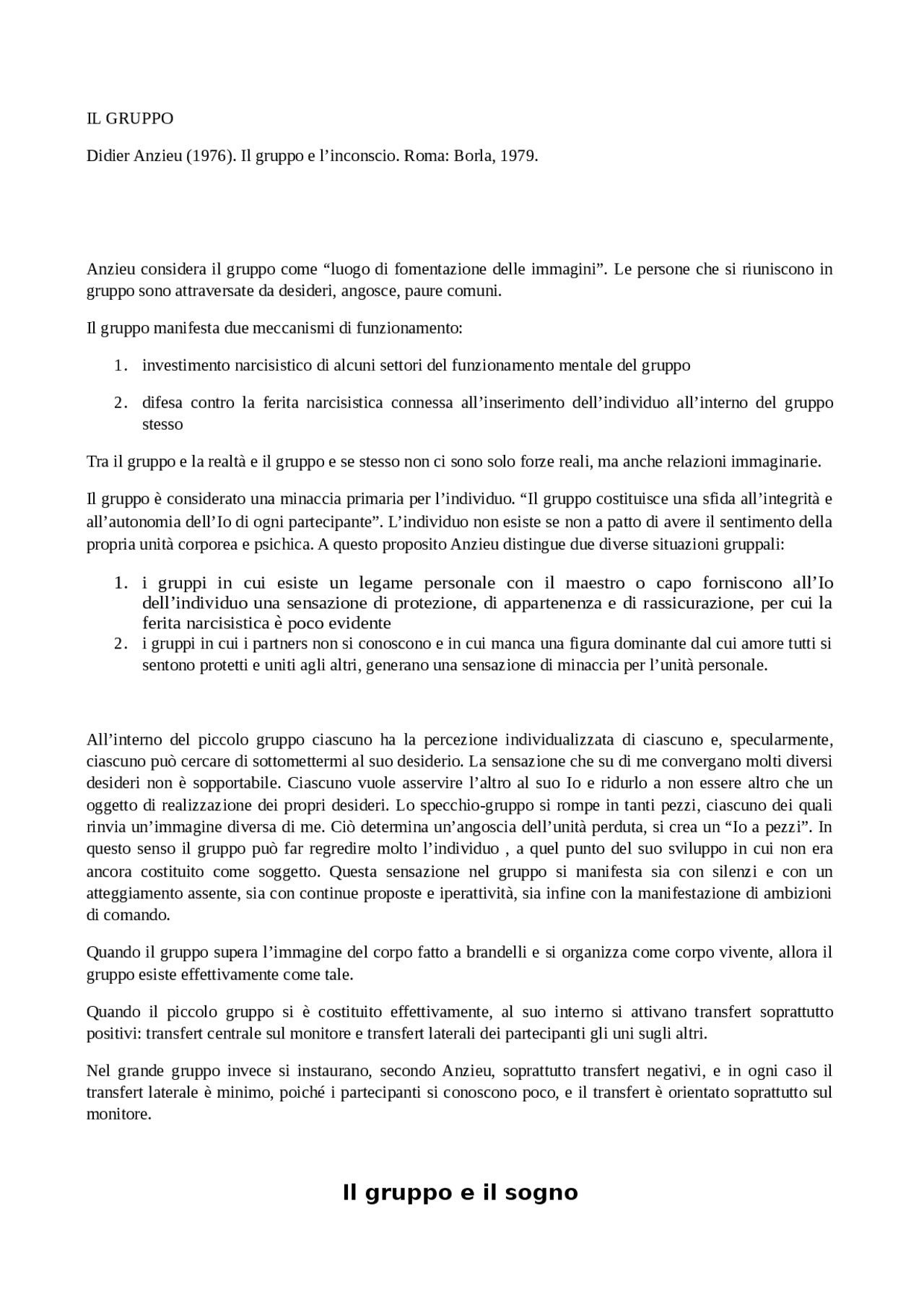 Il Gruppo E Linconscio Di Anzieu Docsity
