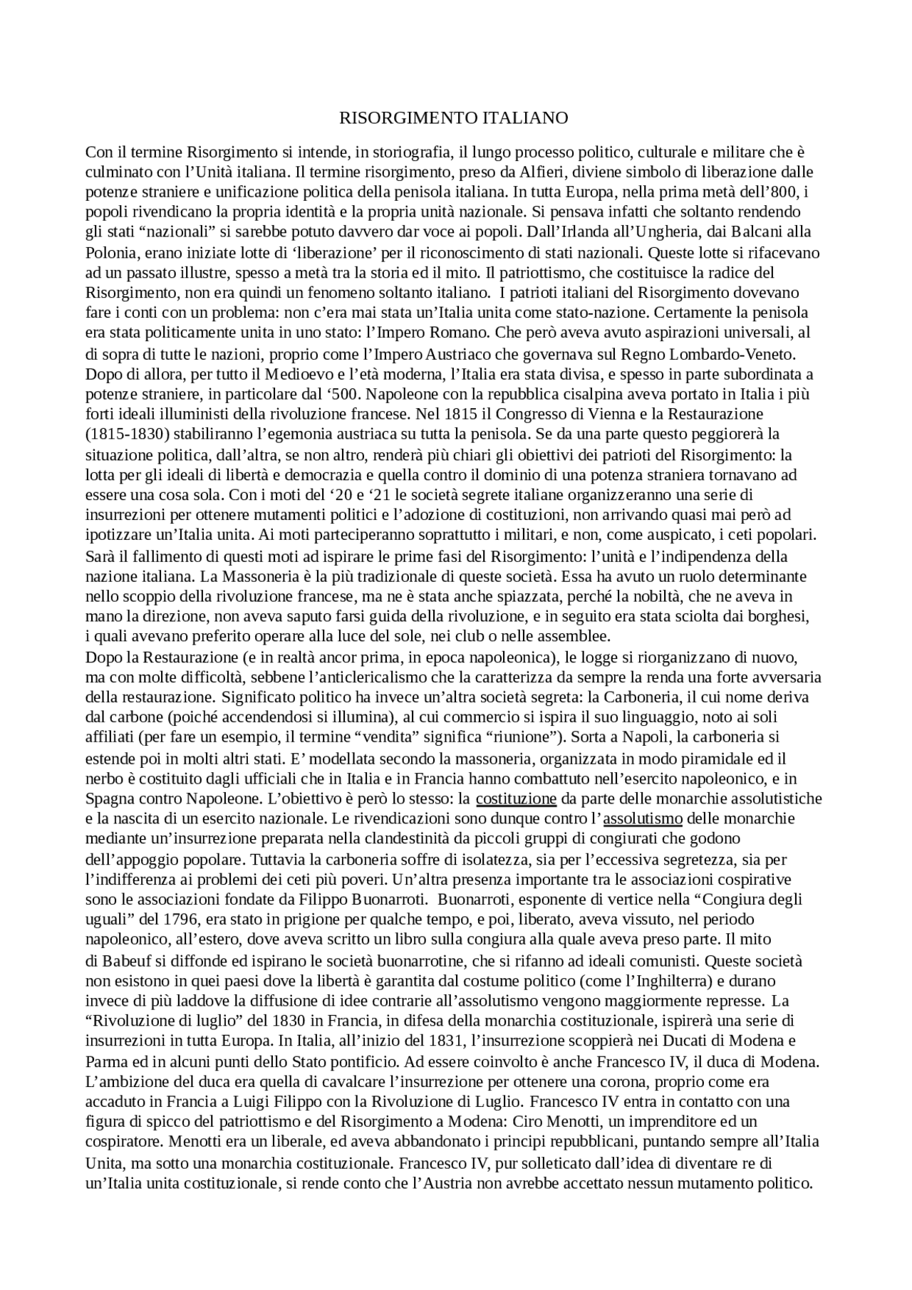 Il Risorgimento Italiano Sintesi Docsity