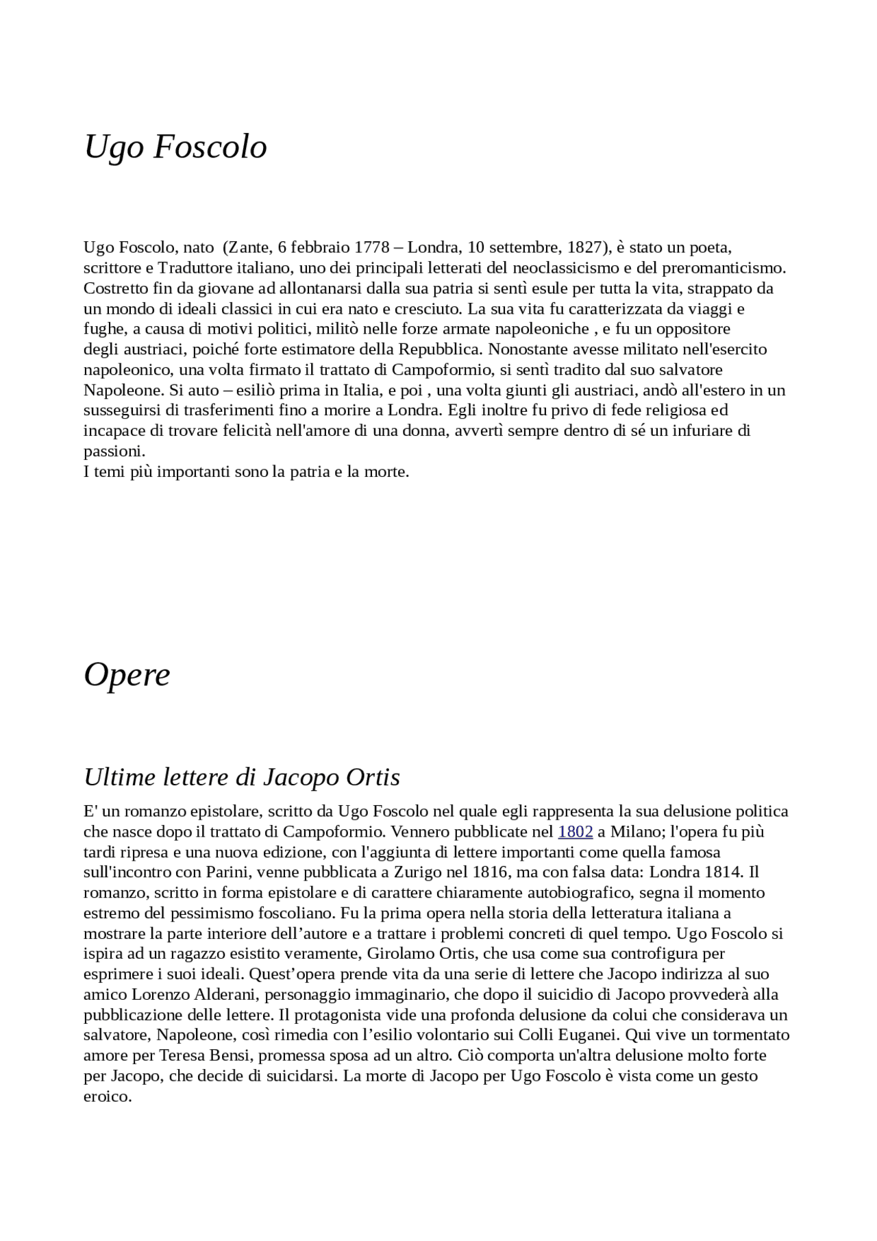 Ugo Foscolo Riassunto Docsity