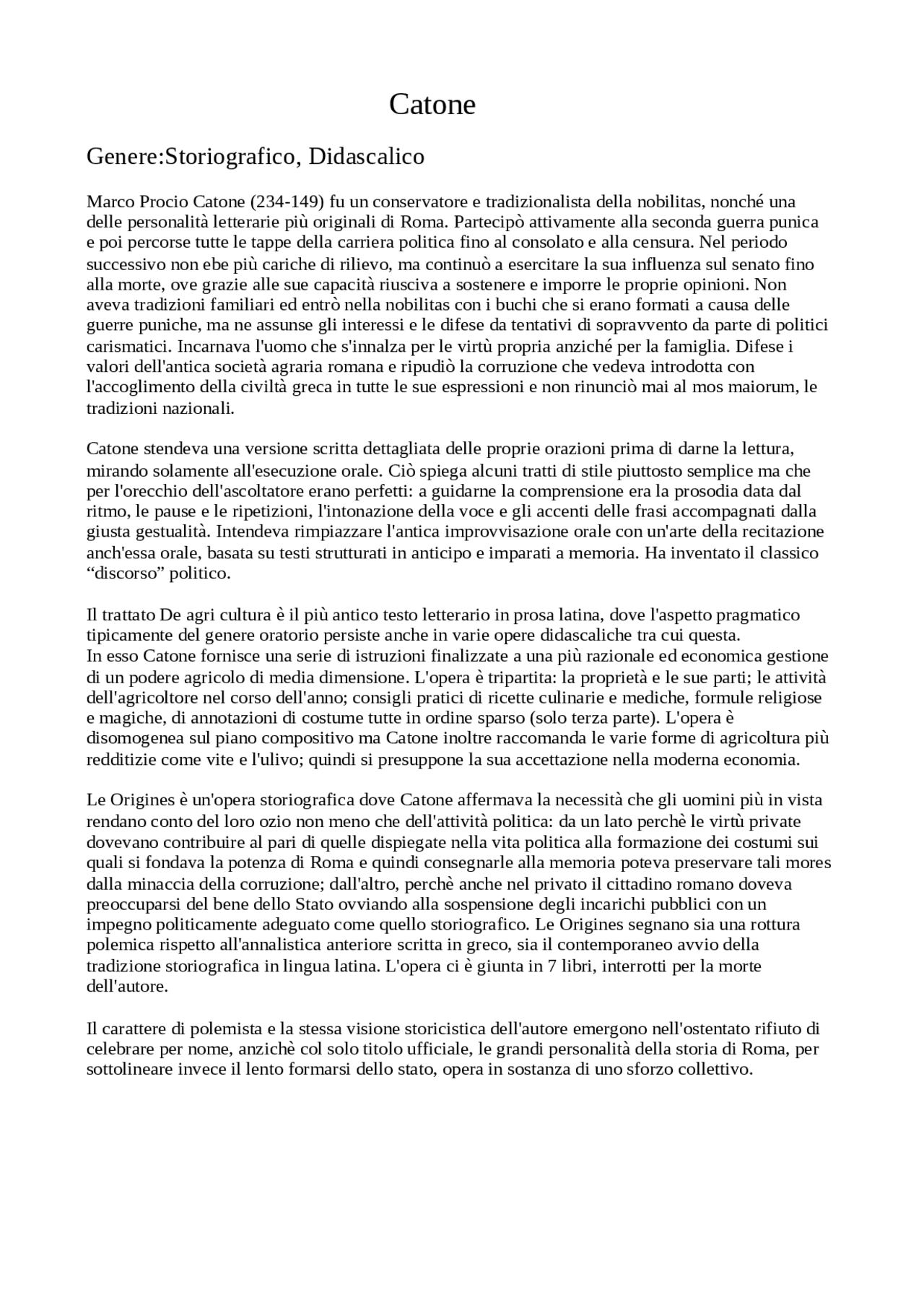 Riassunto Catone Letteratura Latina Docsity