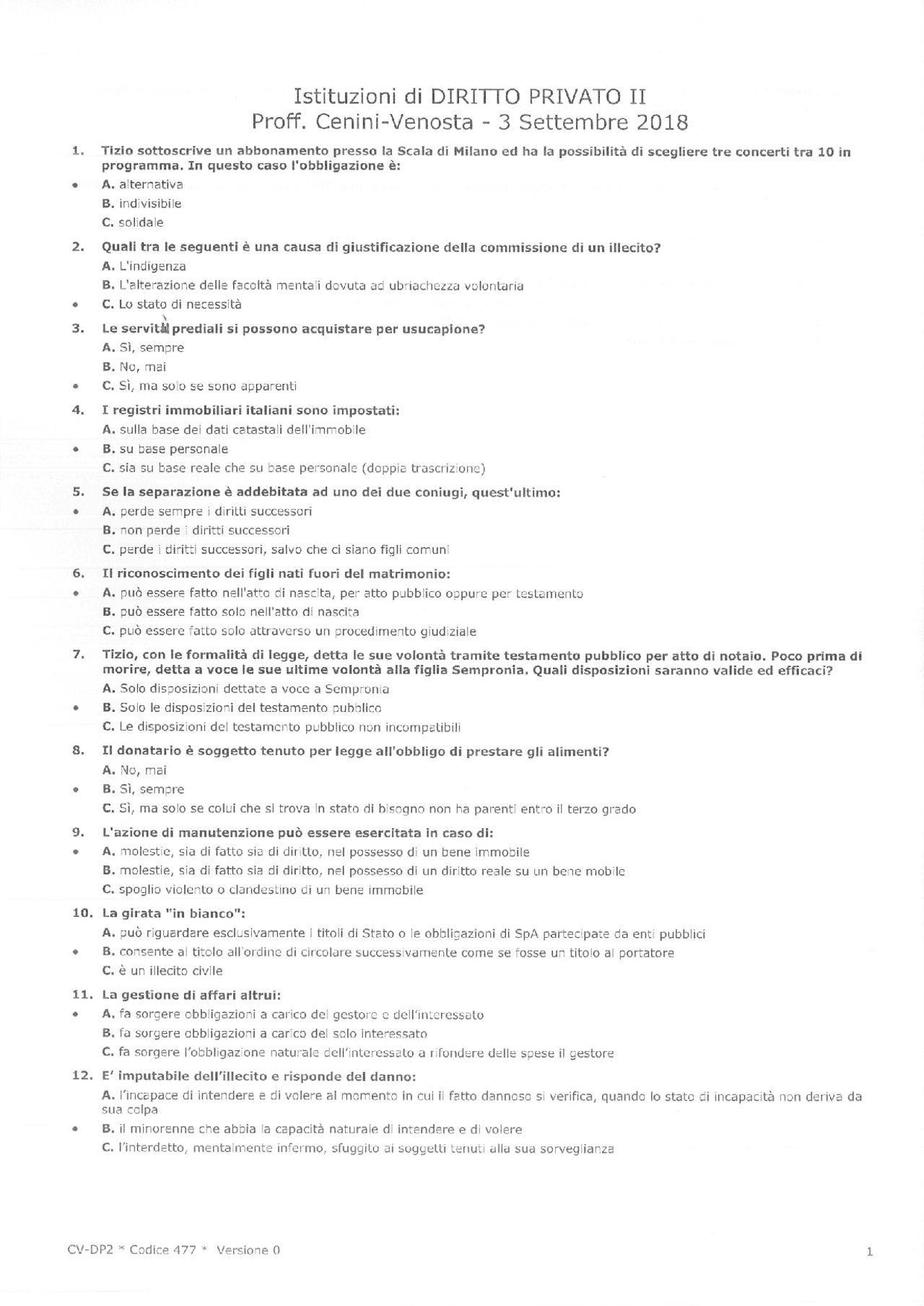 Test Istituzioni Di Diritto Privato 2 Docsity