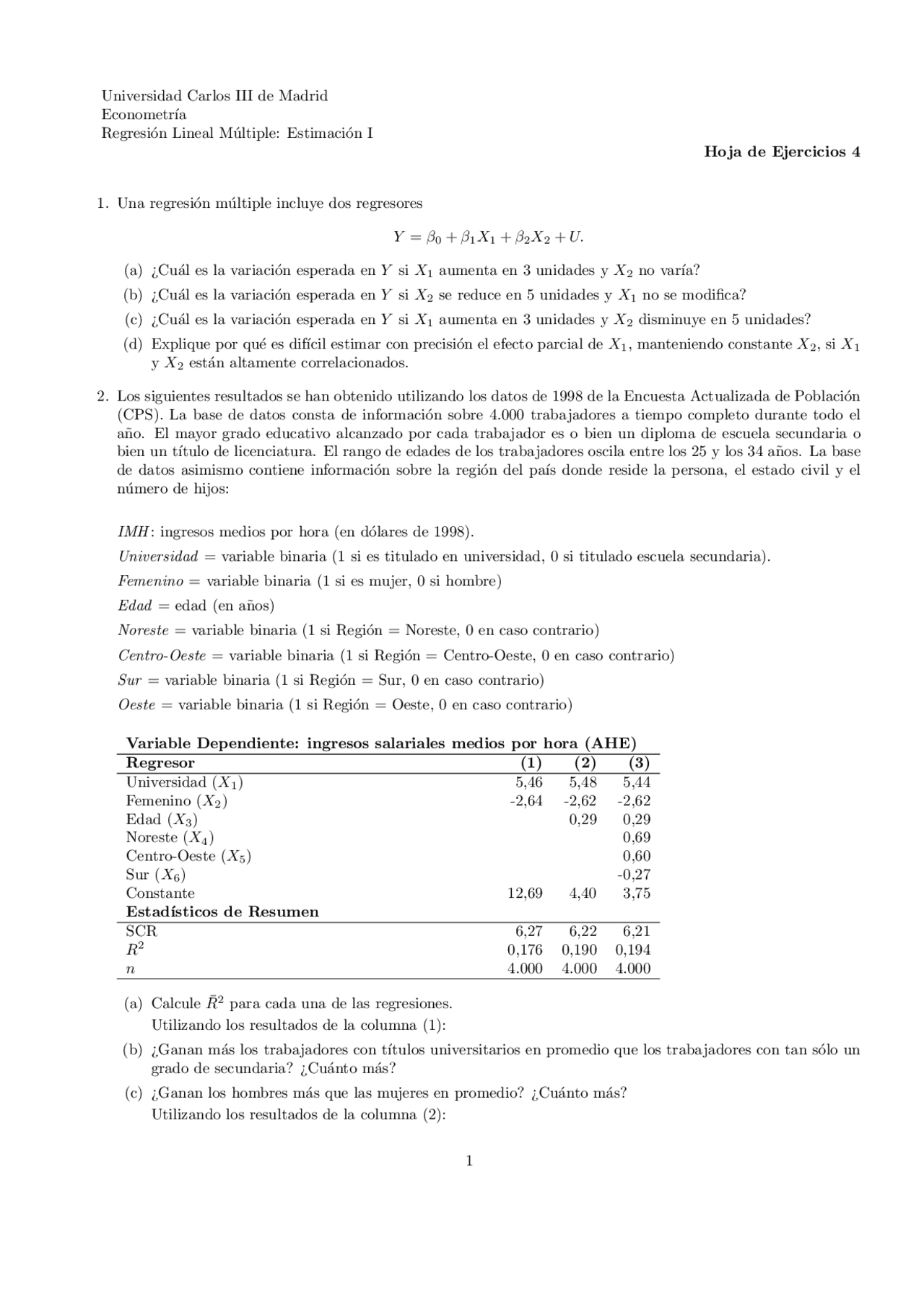 Econometria regresion multiple ejercicio | Ejercicios de Econometría | Docsity