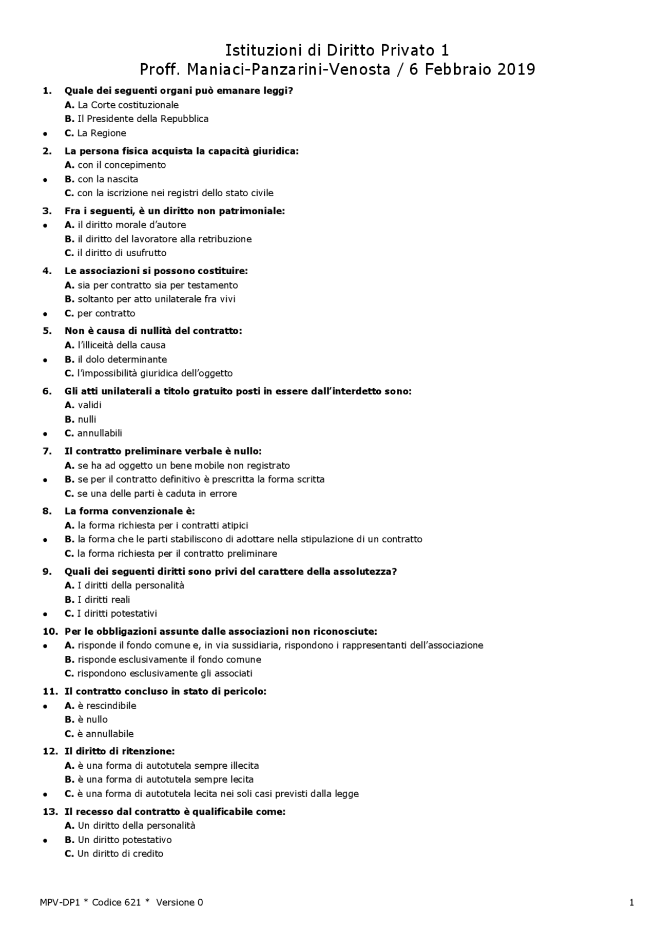 Quiz Diritto Privato 1 Docsity
