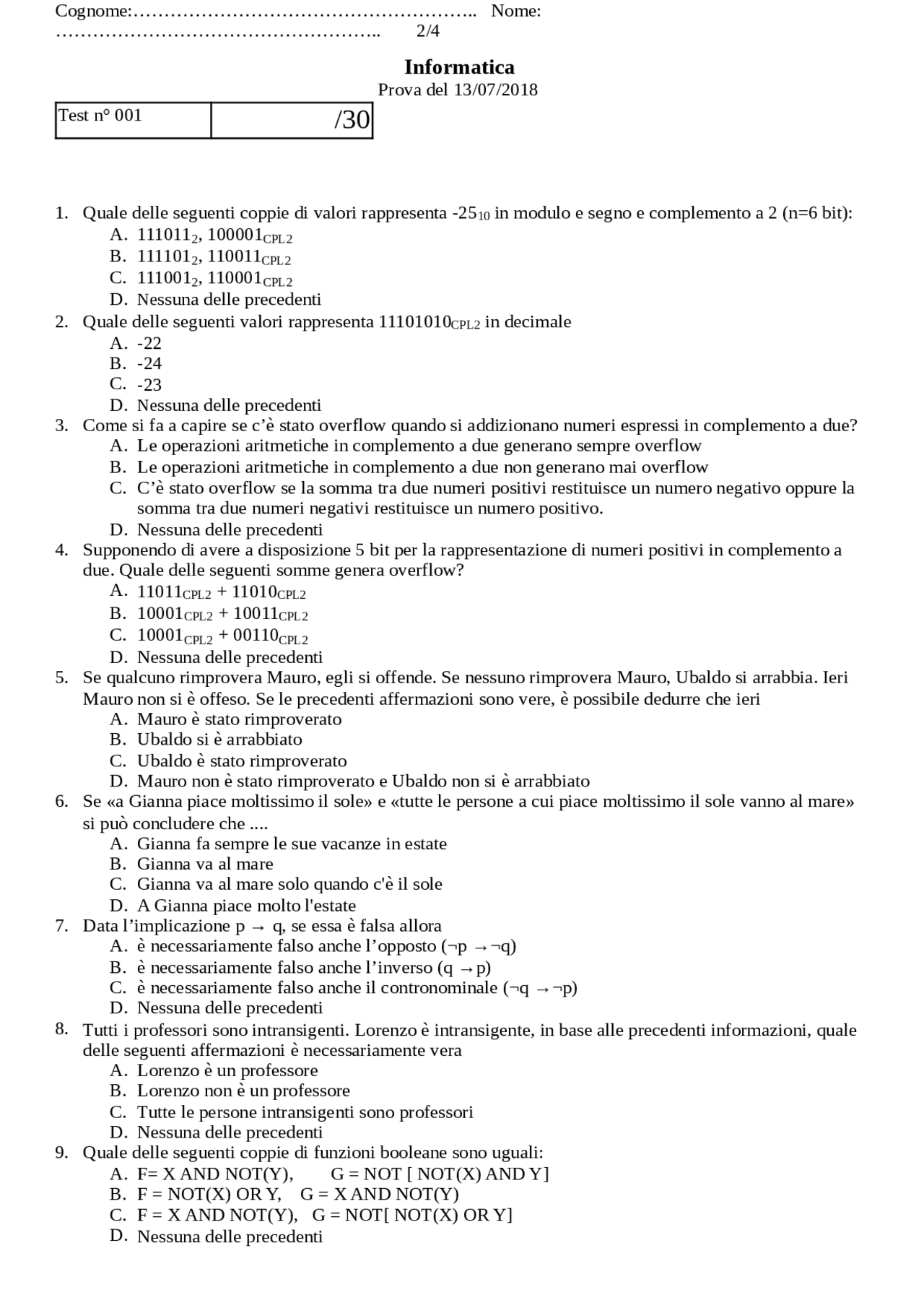 Prova d'esame informatica - Docsity