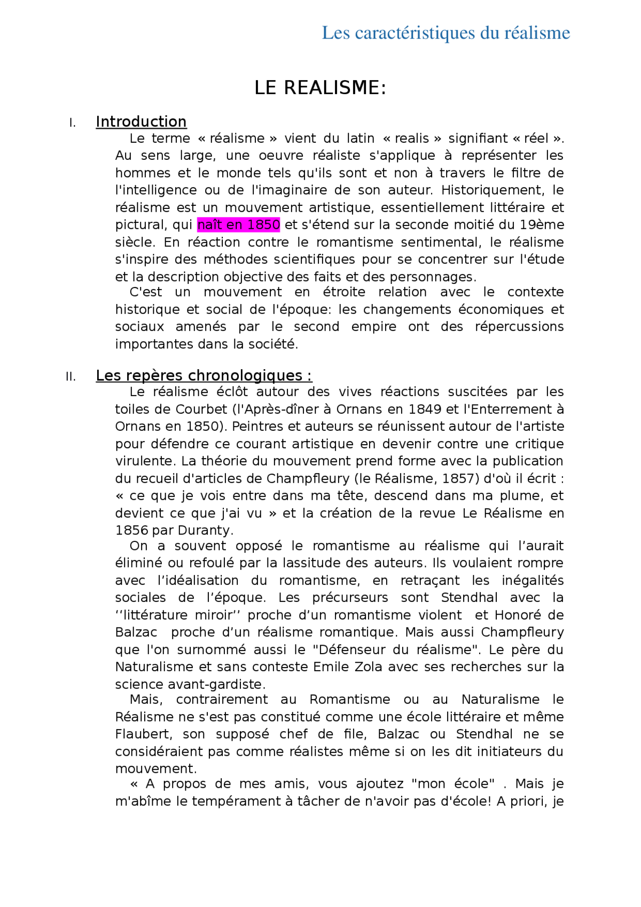 Les caractéristiques du réalisme | Notes Littérature | Docsity