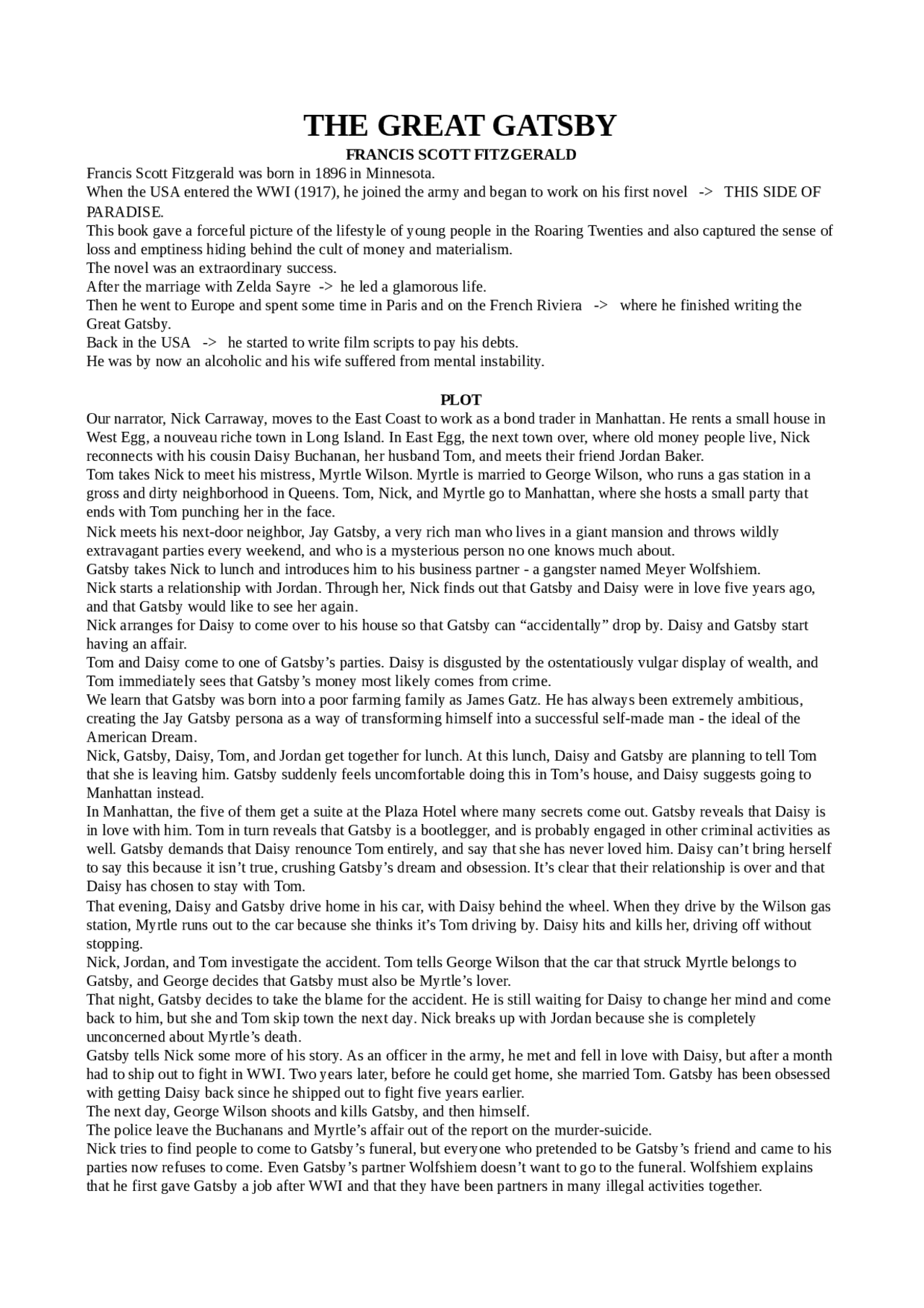 The Great Gatsby Fitzgerald Docsity