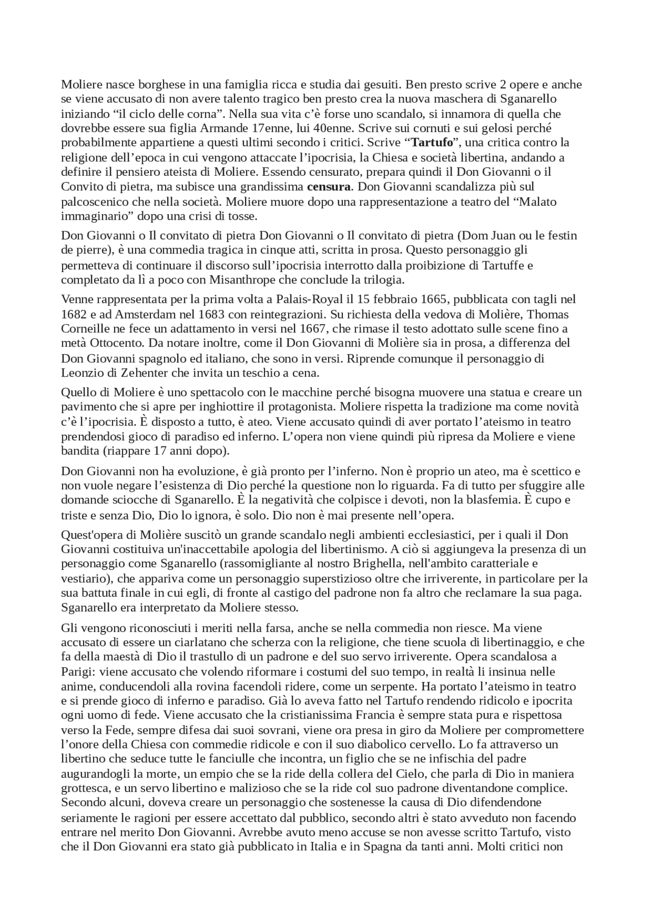 Riassunto del Dom Juan ou Le Festine du Pierre Moliere - Docsity