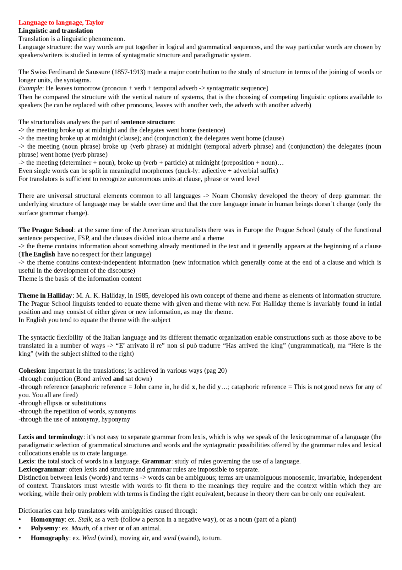 LANGUAGE TO LANGUAGE TAYLOR | Sbobinature di Linguistica Inglese | Docsity