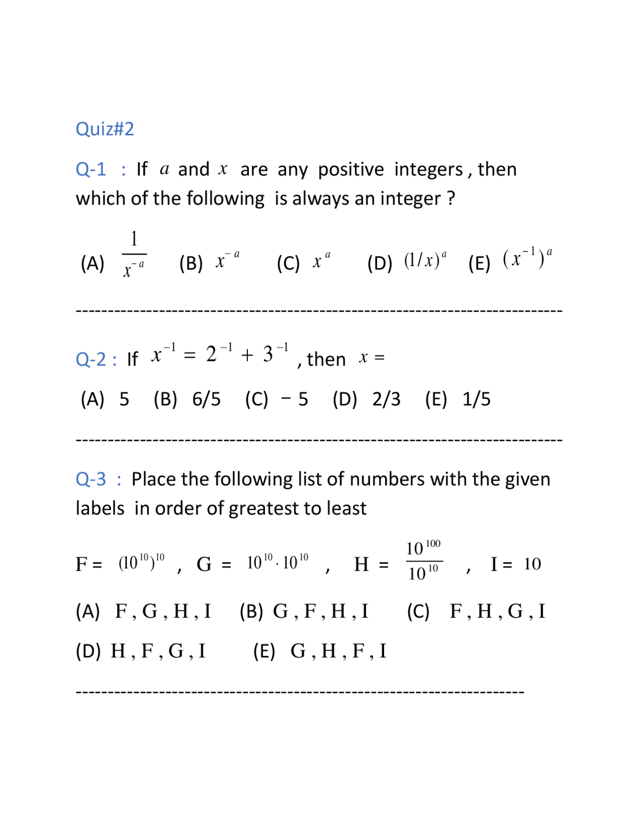 Quiz For Mathematics Docsity