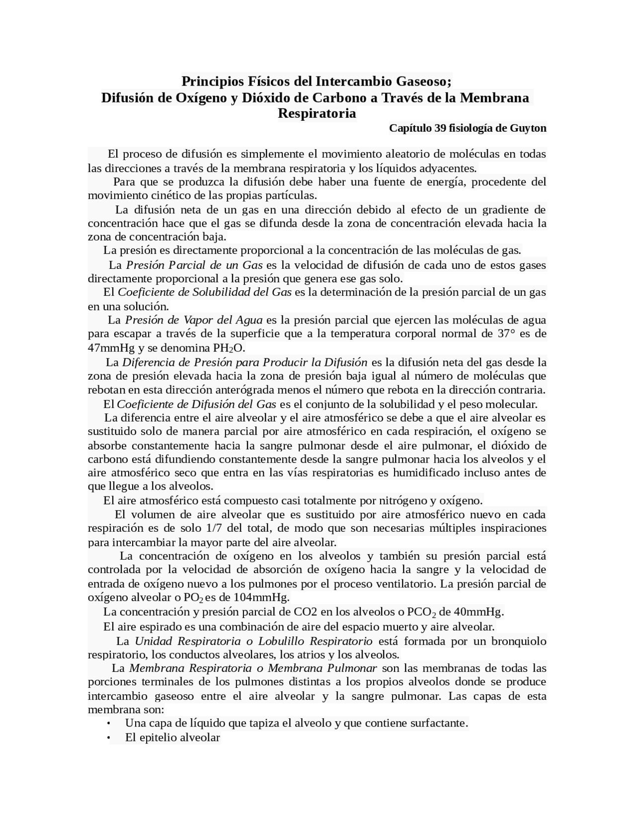 Principios Físicos del Intercambio Gaseoso; Difusión de Oxígeno y Dióxido de Carbono a Través de ...