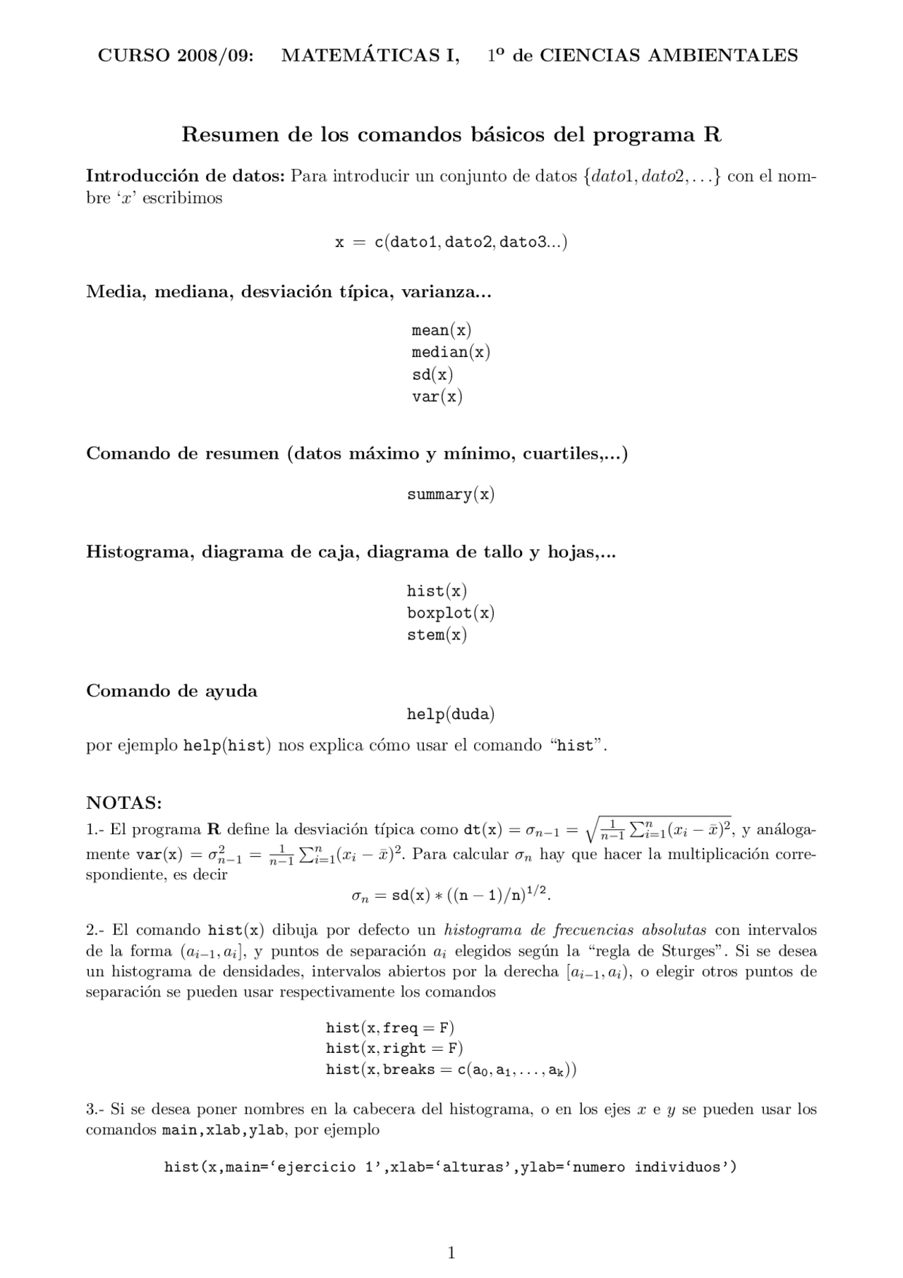 Comandos del programa estadistico R - Docsity