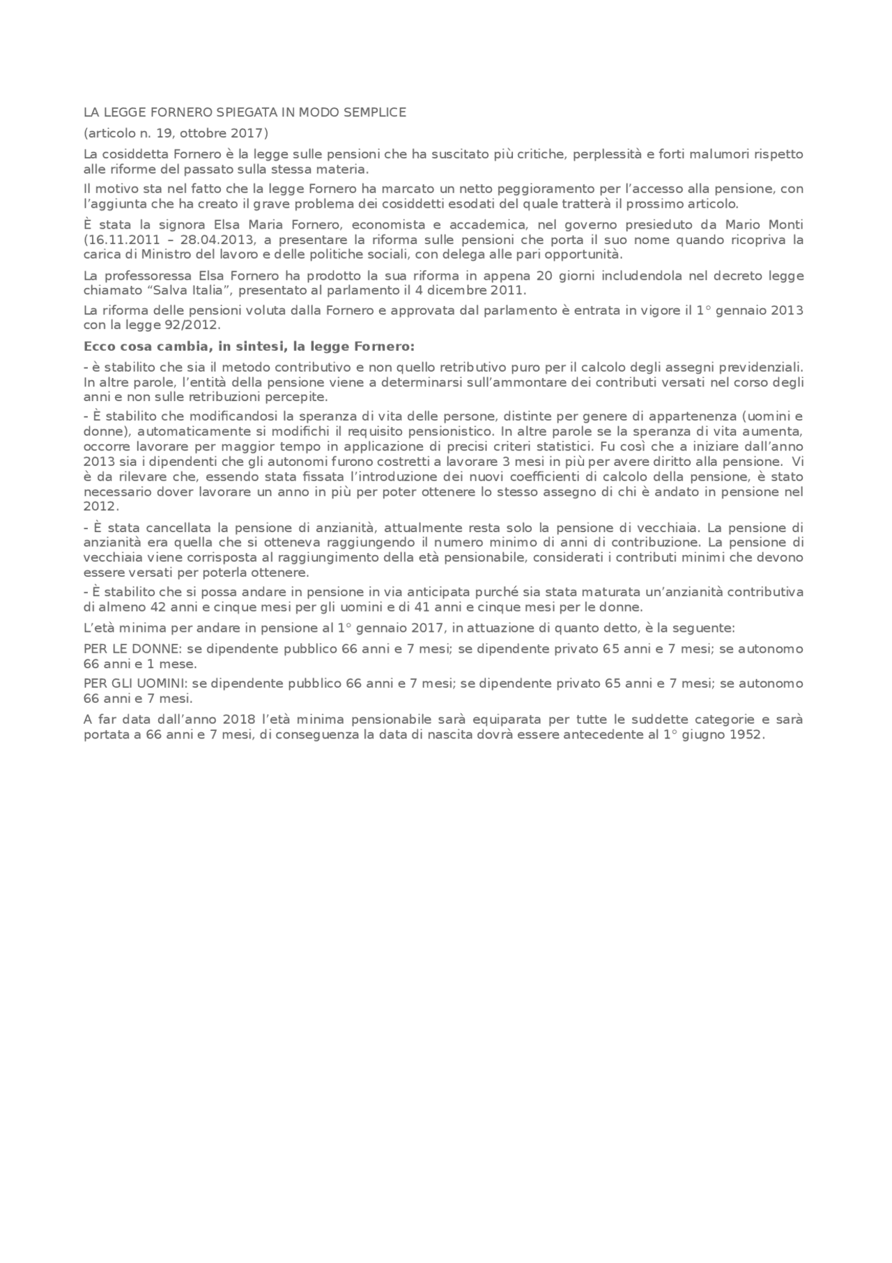 Appunti Sulla Legge Fornero Docsity