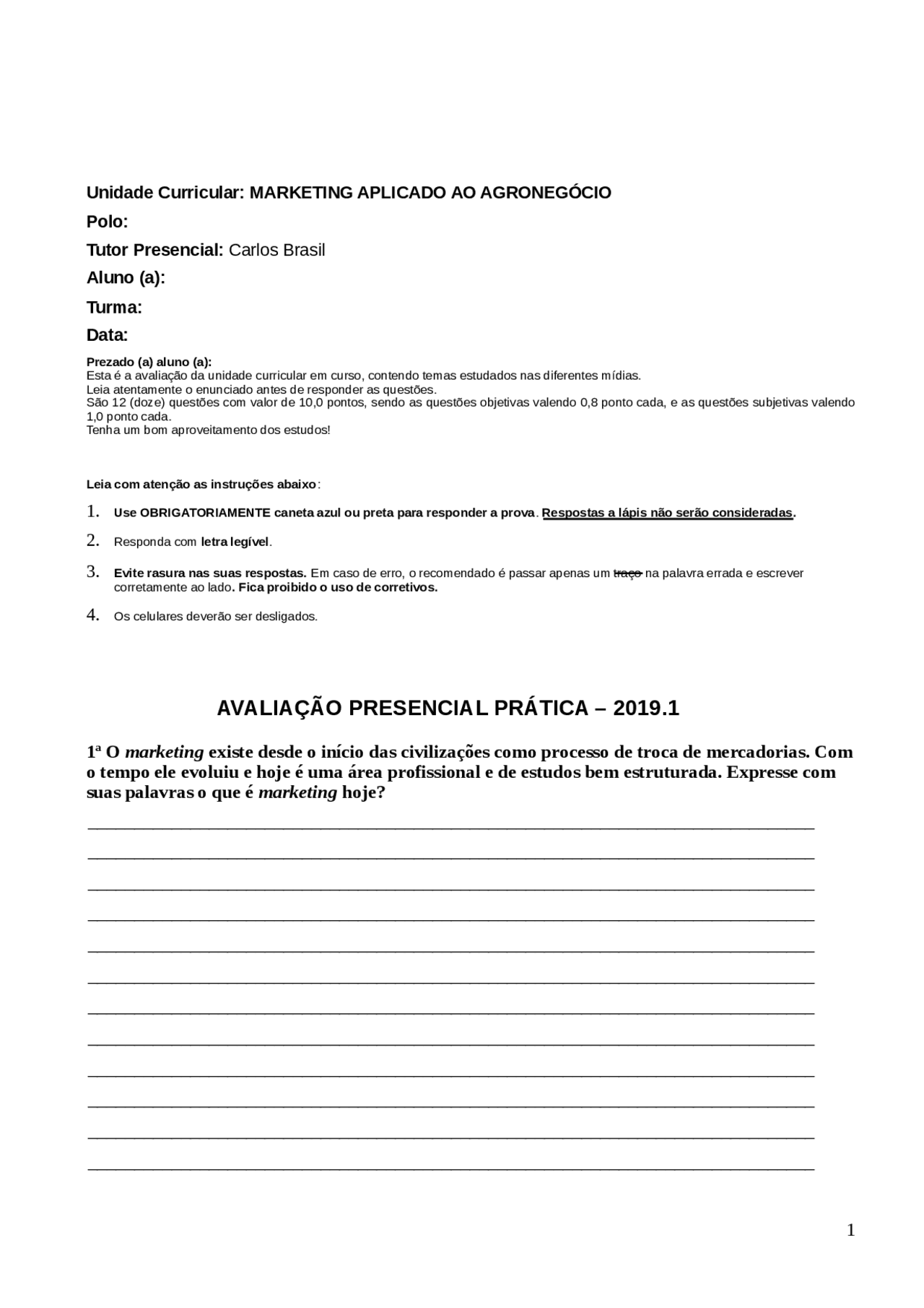 Avaliação Prática De Marketing Exercises Marketing Docsity