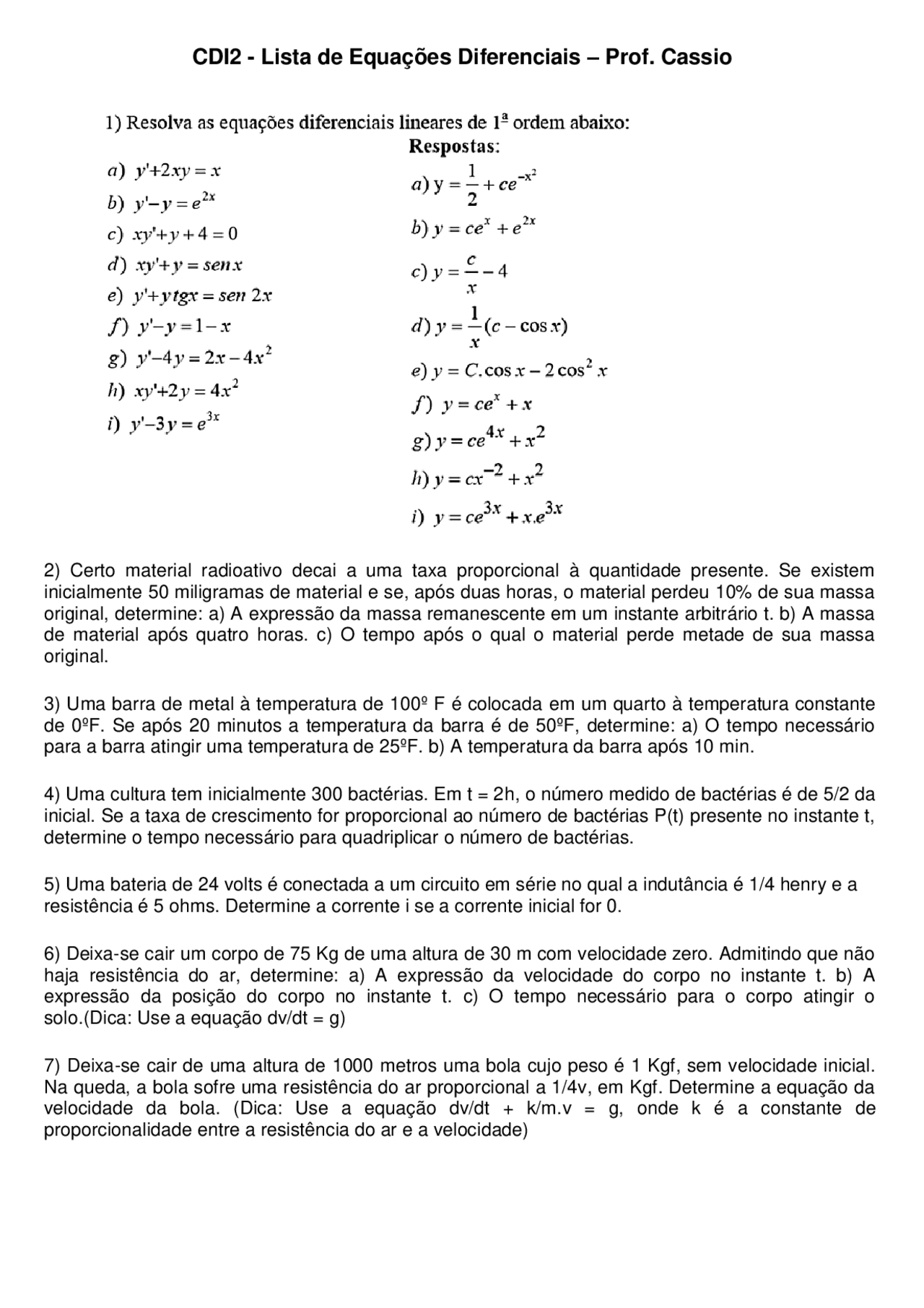 Lista De Equações Diferenciais Exercises Differential And Integral