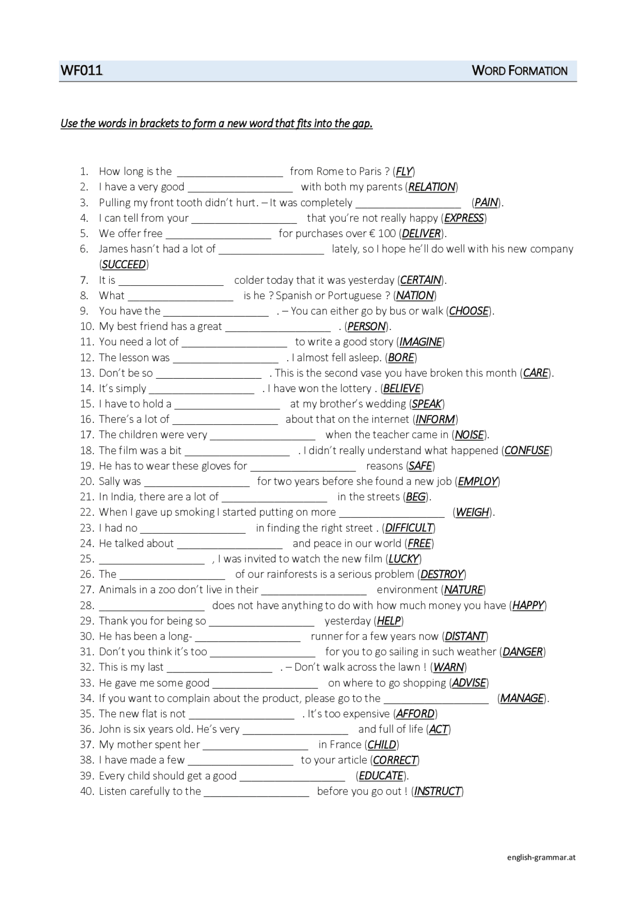 Word Formation: 40 phrases with keys at the end - Docsity