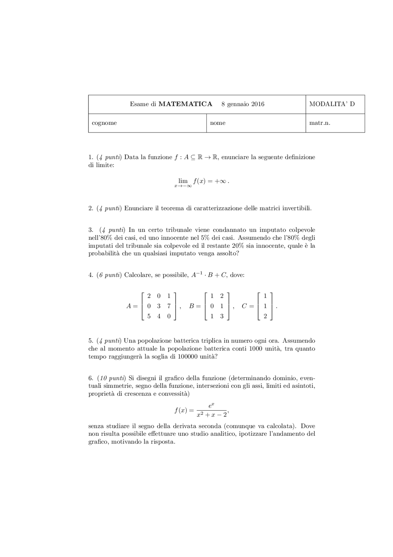 Esempi Di Simulazione Esame Dispense Di Matematica Generale Docsity