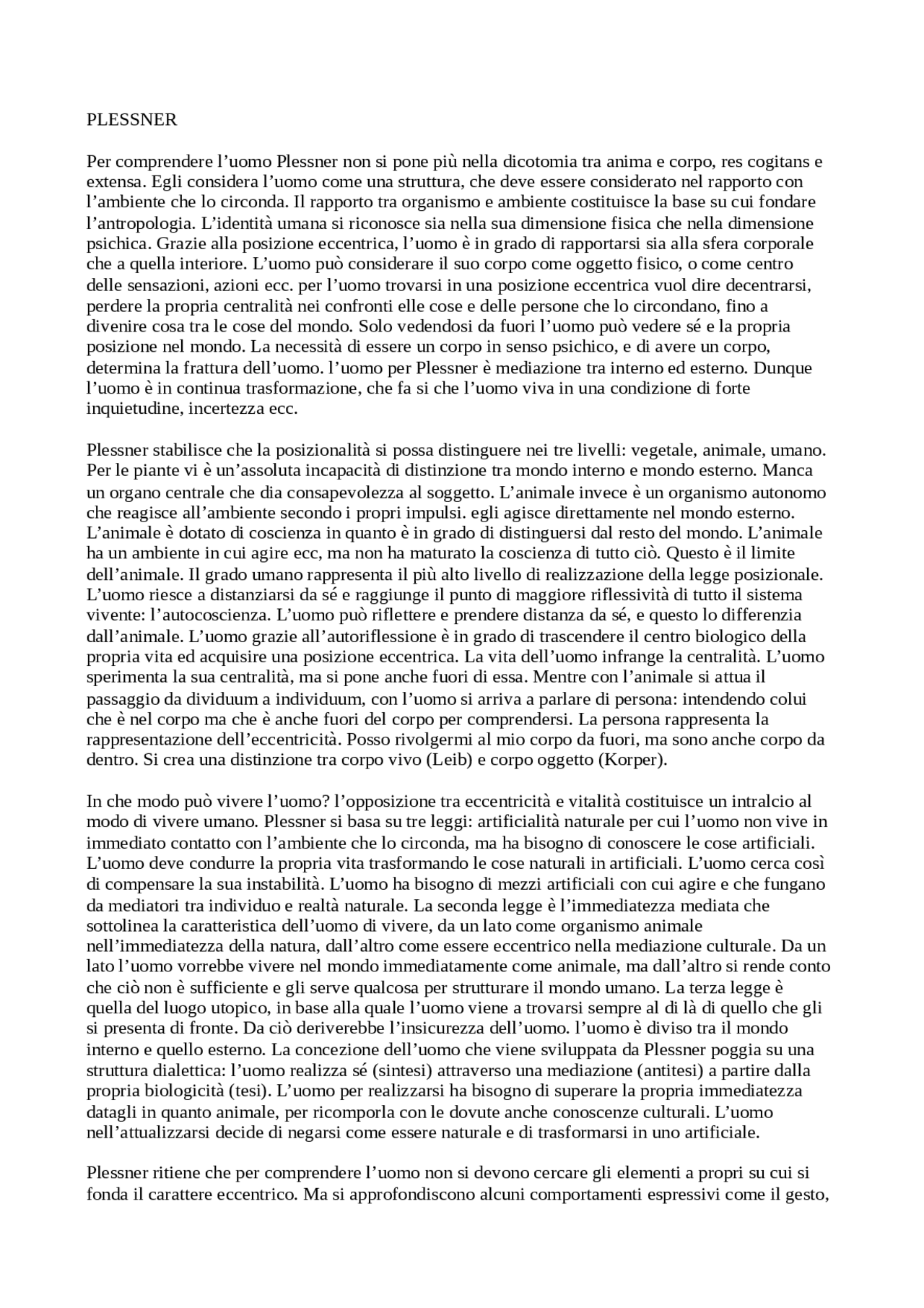 Helmuth Plessner sintesi | Sintesi del corso di Antropologia Filosofica ...