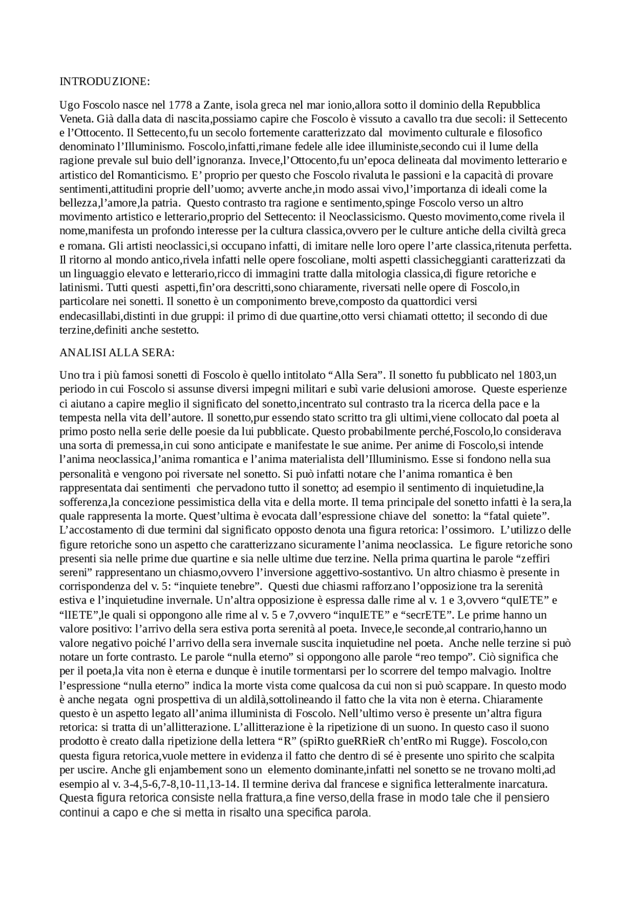 Analisi Testi Foscoliani Docsity