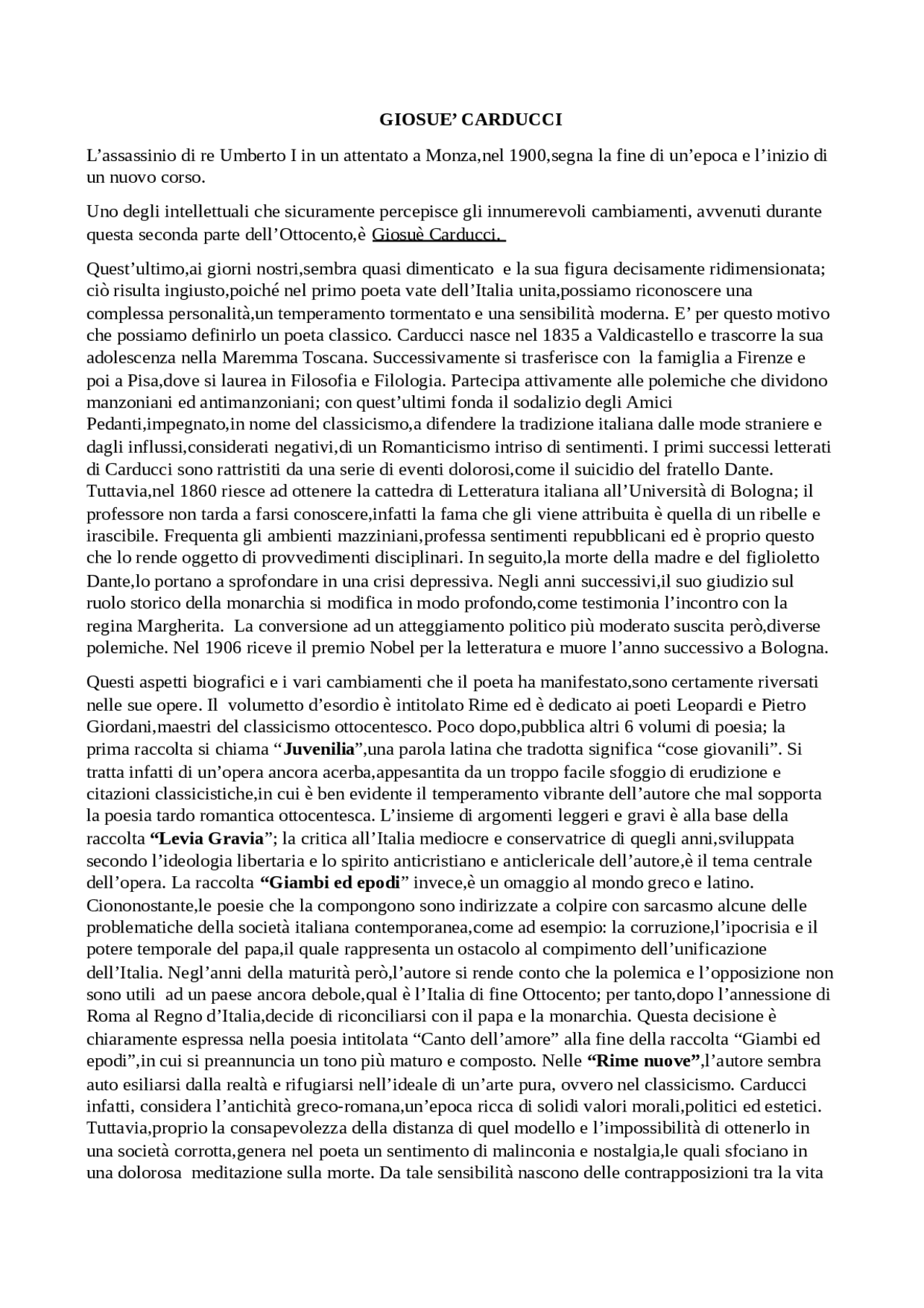 Appunti Vita E Opere Carducci Docsity