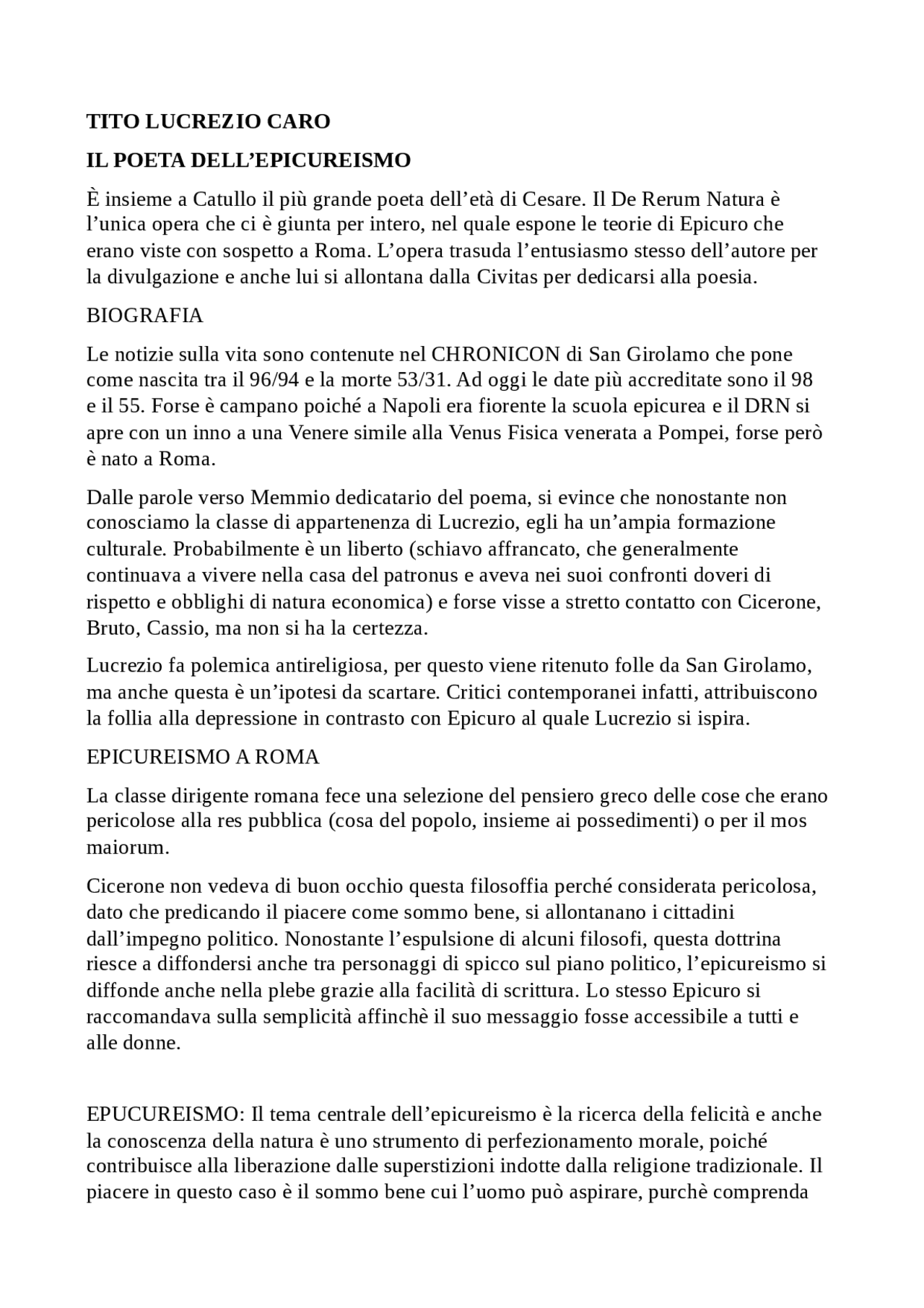 Tito Lucrezio Caro Biografia E Opere Docsity