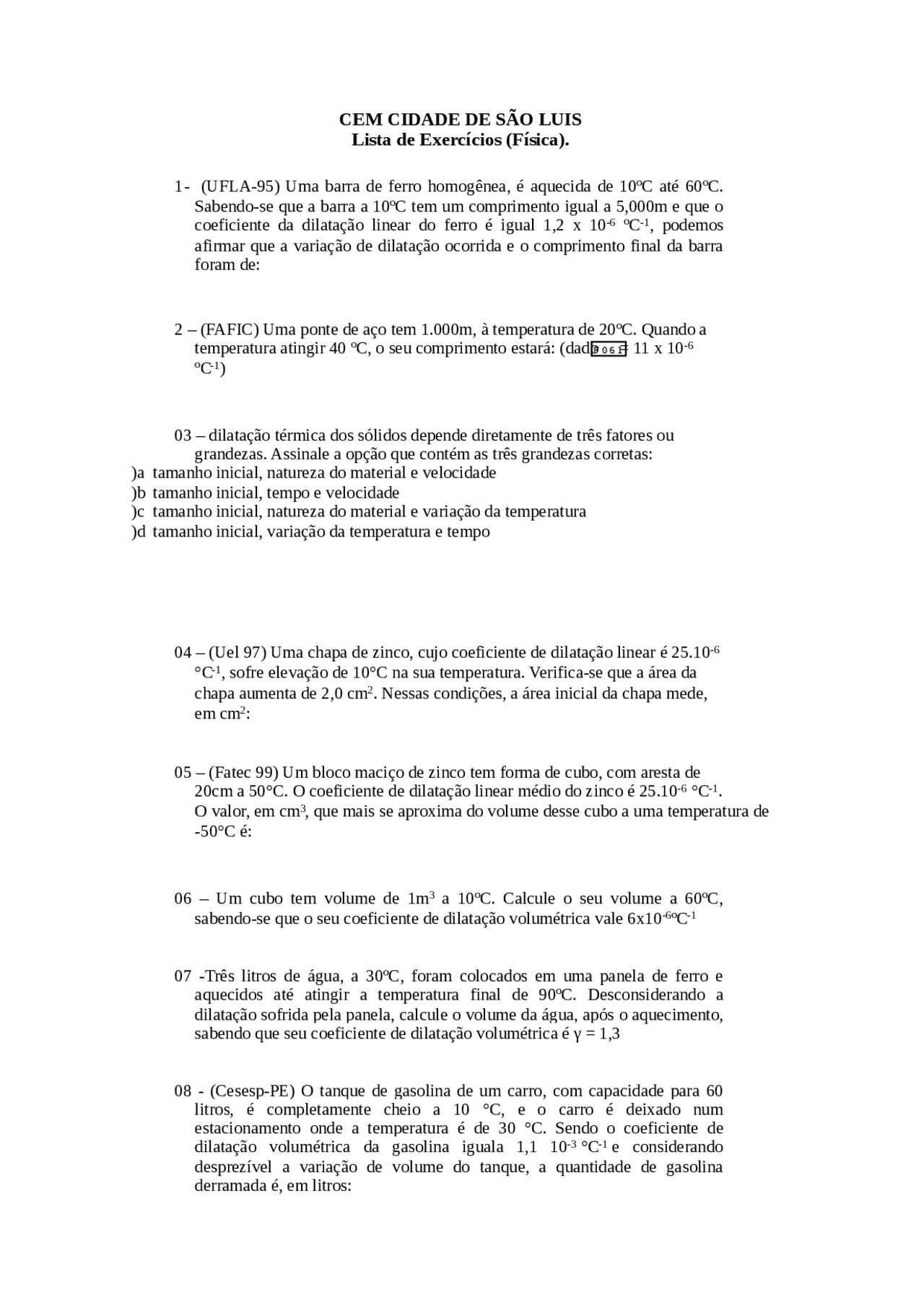 Lista De Exercícios 2ª Ano Do Ensino Médio Docsity