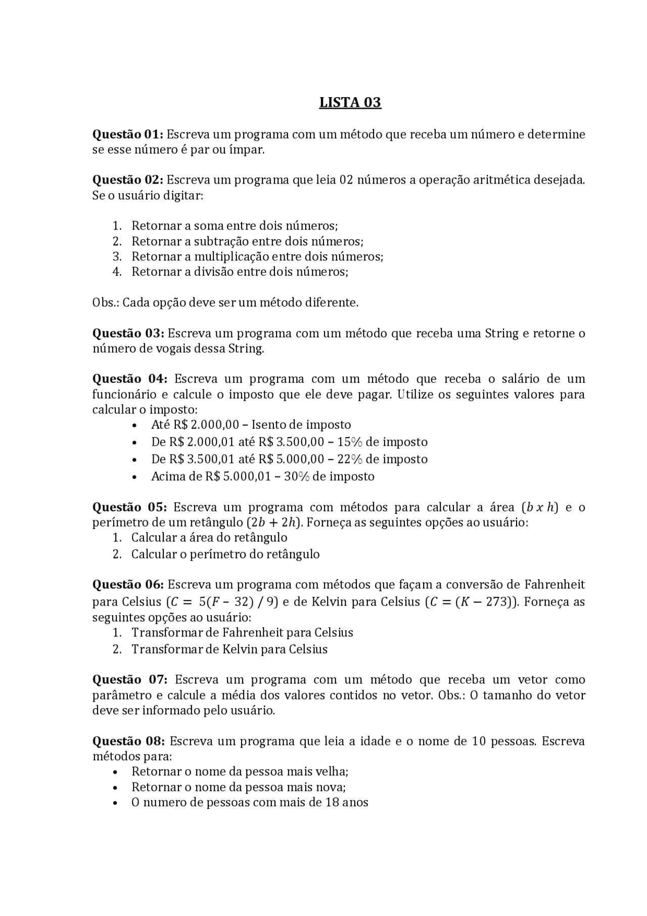 Lista De Exercícios Programação Java Exercícios Programação Para Java Docsity