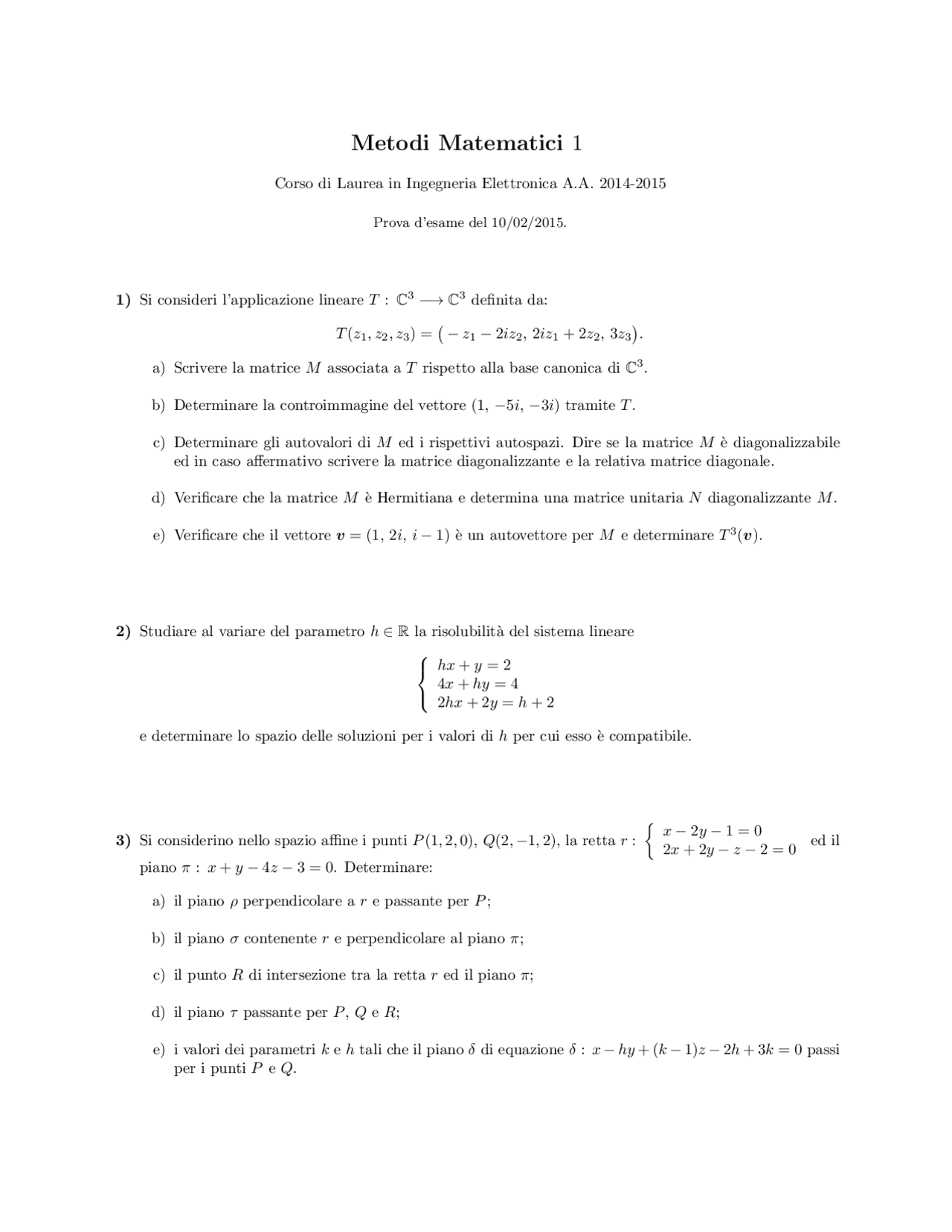 Appelli Metodi Matematici 1 - Beneduci Roberto - Docsity