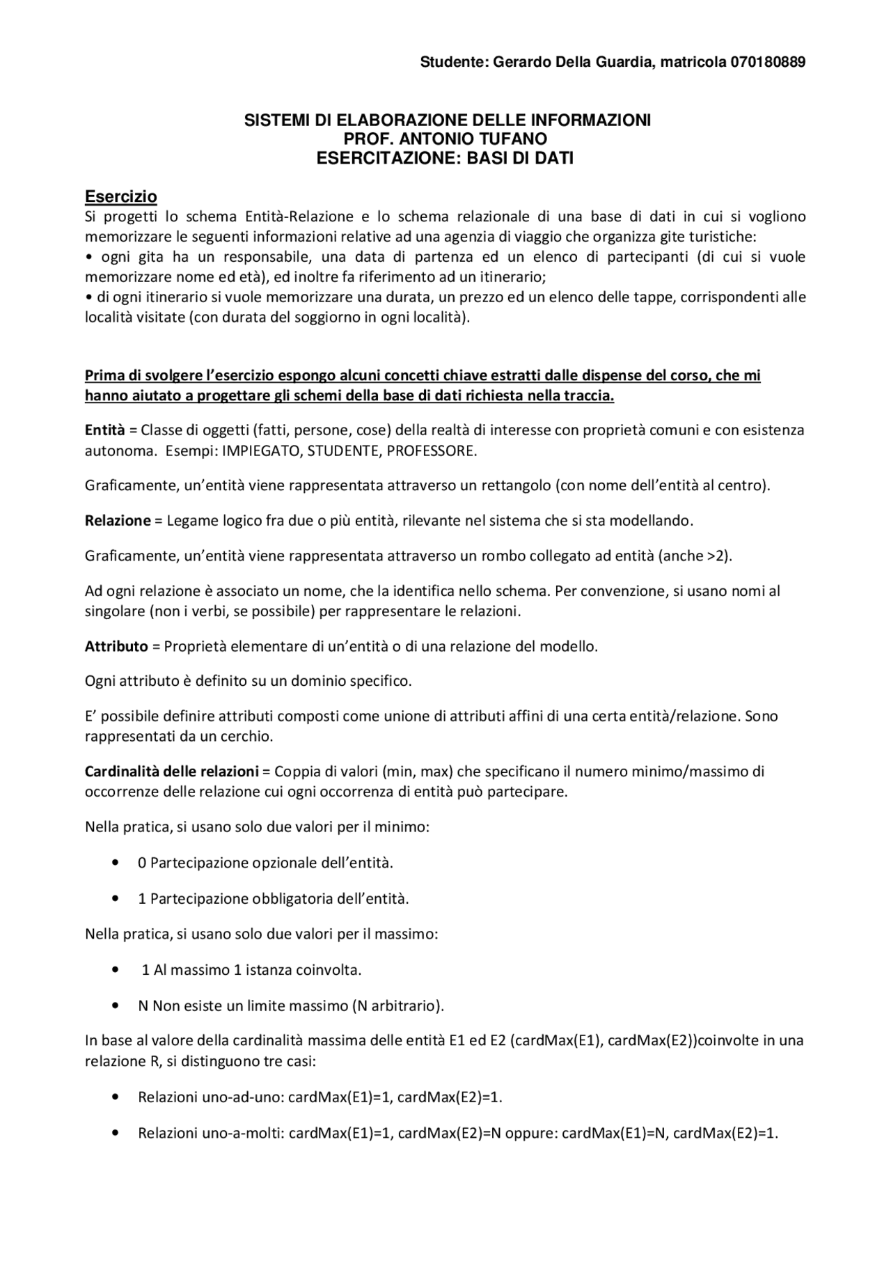 Esercitazione Basi Di Dati Sistemi Di Elaborazione Delle