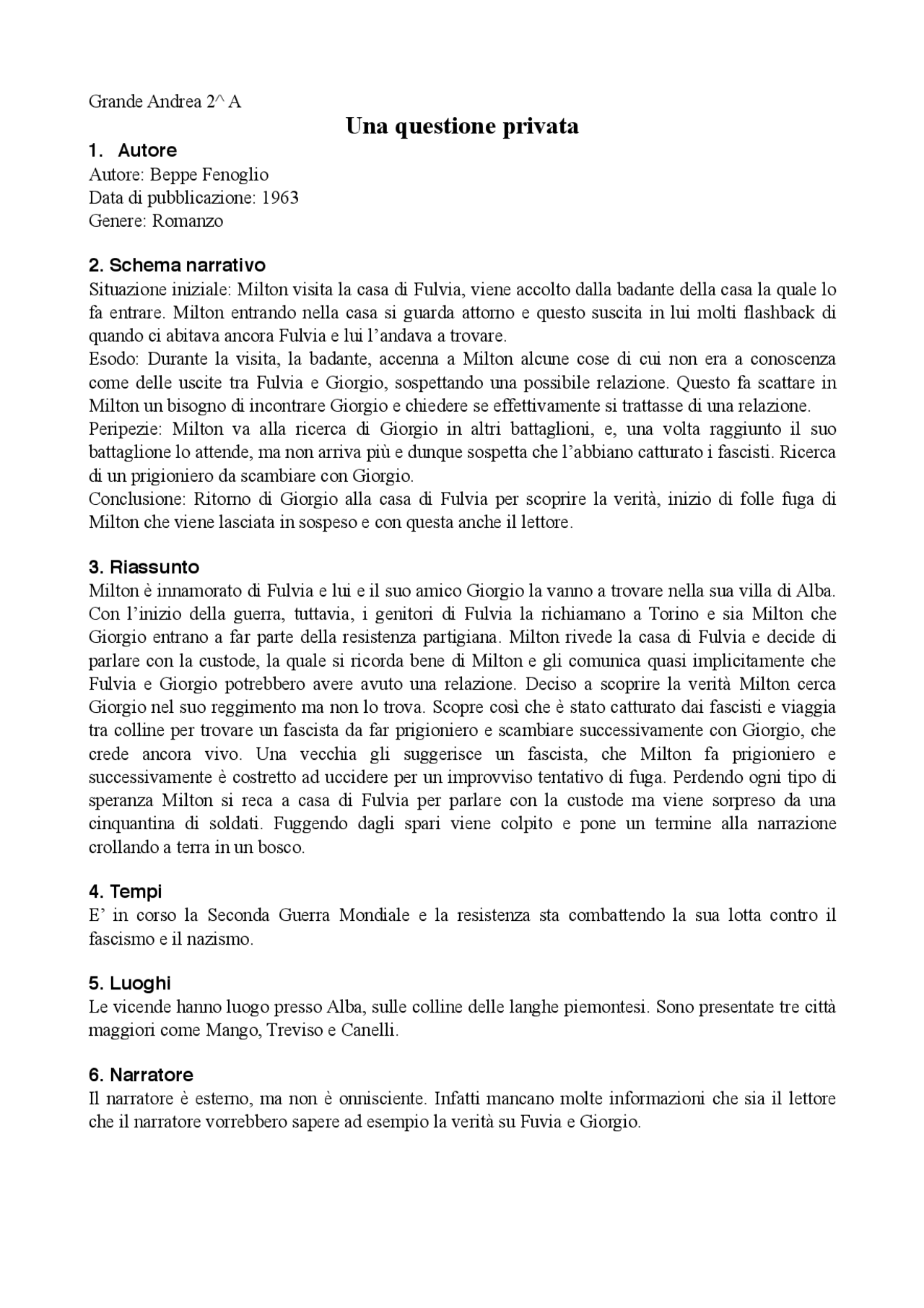 Scheda Libro Una Questione Privata Di Fenoglio Docsity