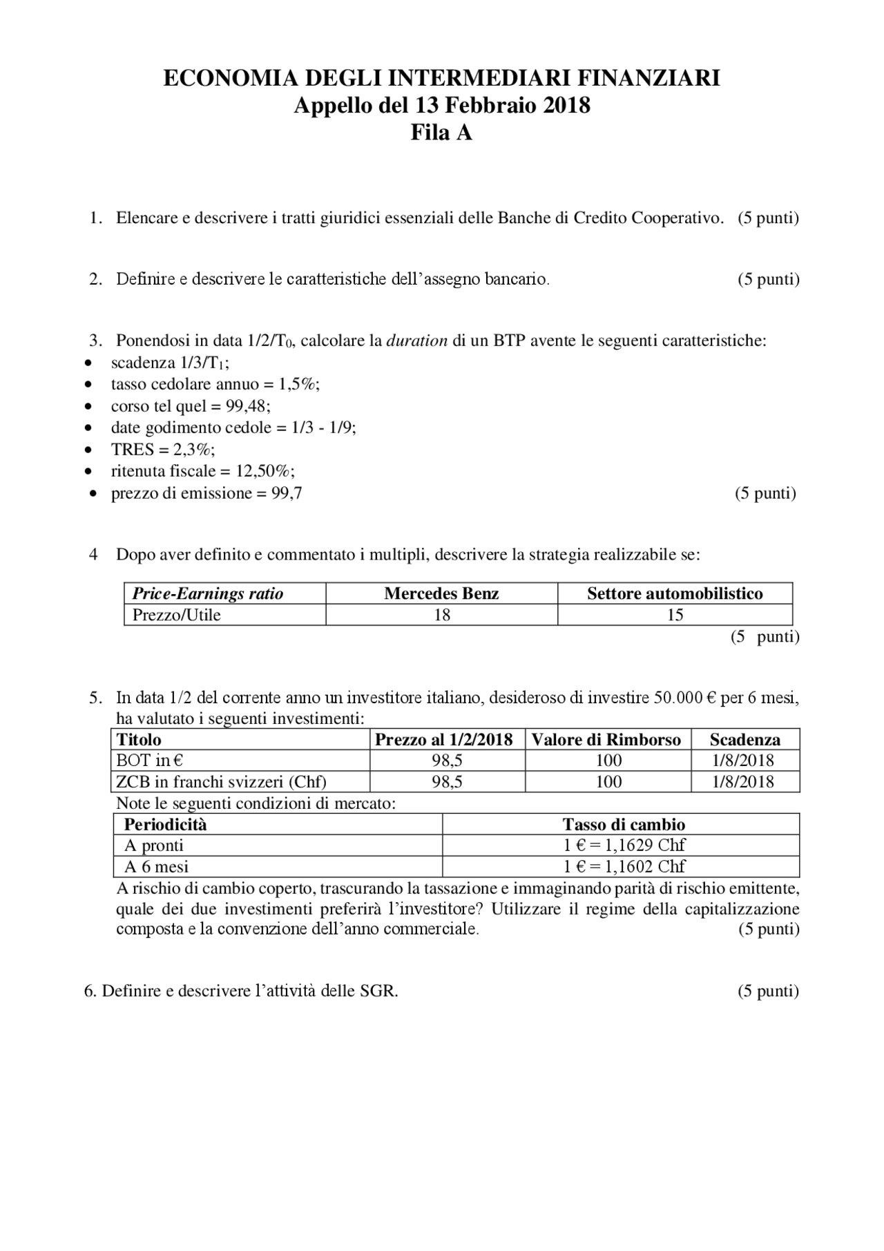 Prove Esame Economia Degli Intermediari Finanziari Docsity