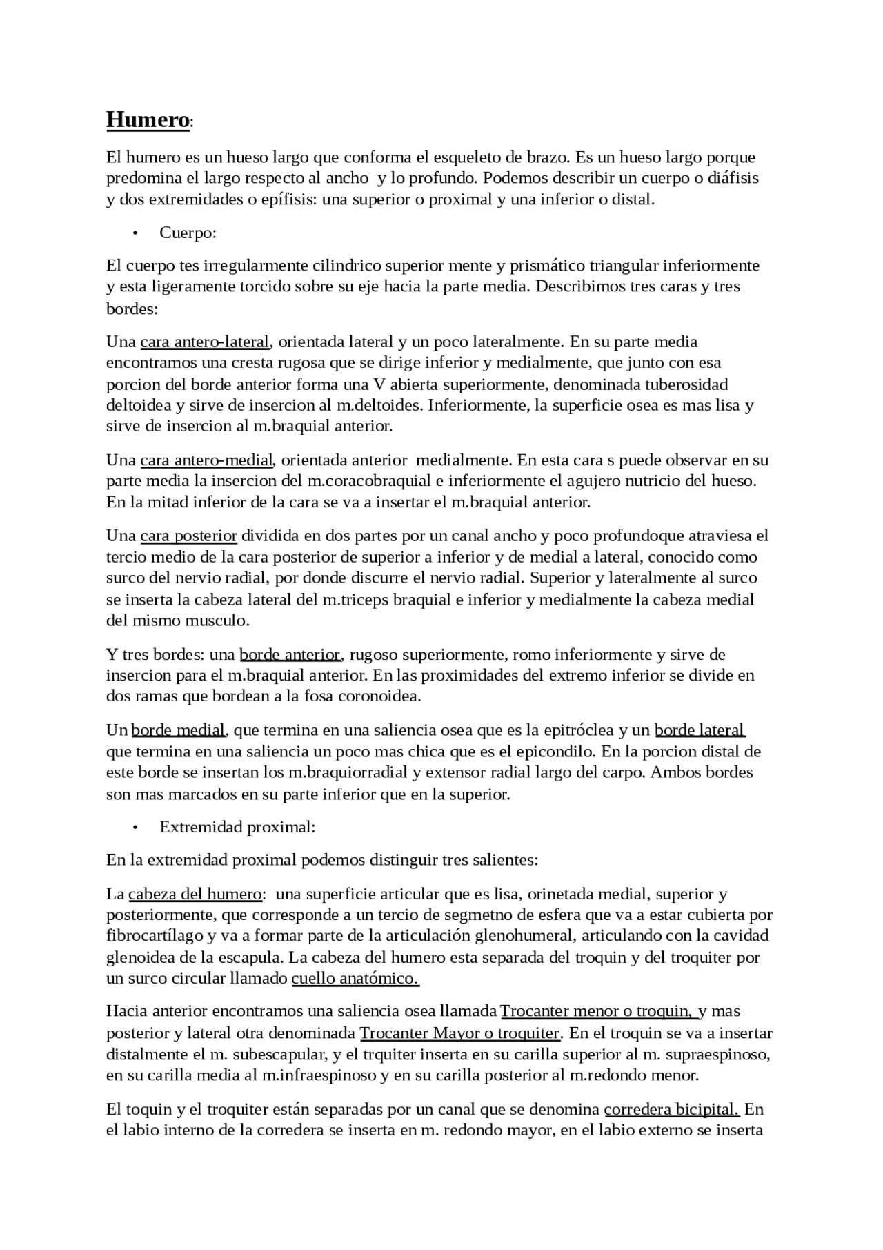 Humero (datos del Rouviere) | Apuntes de Anatomía | Docsity