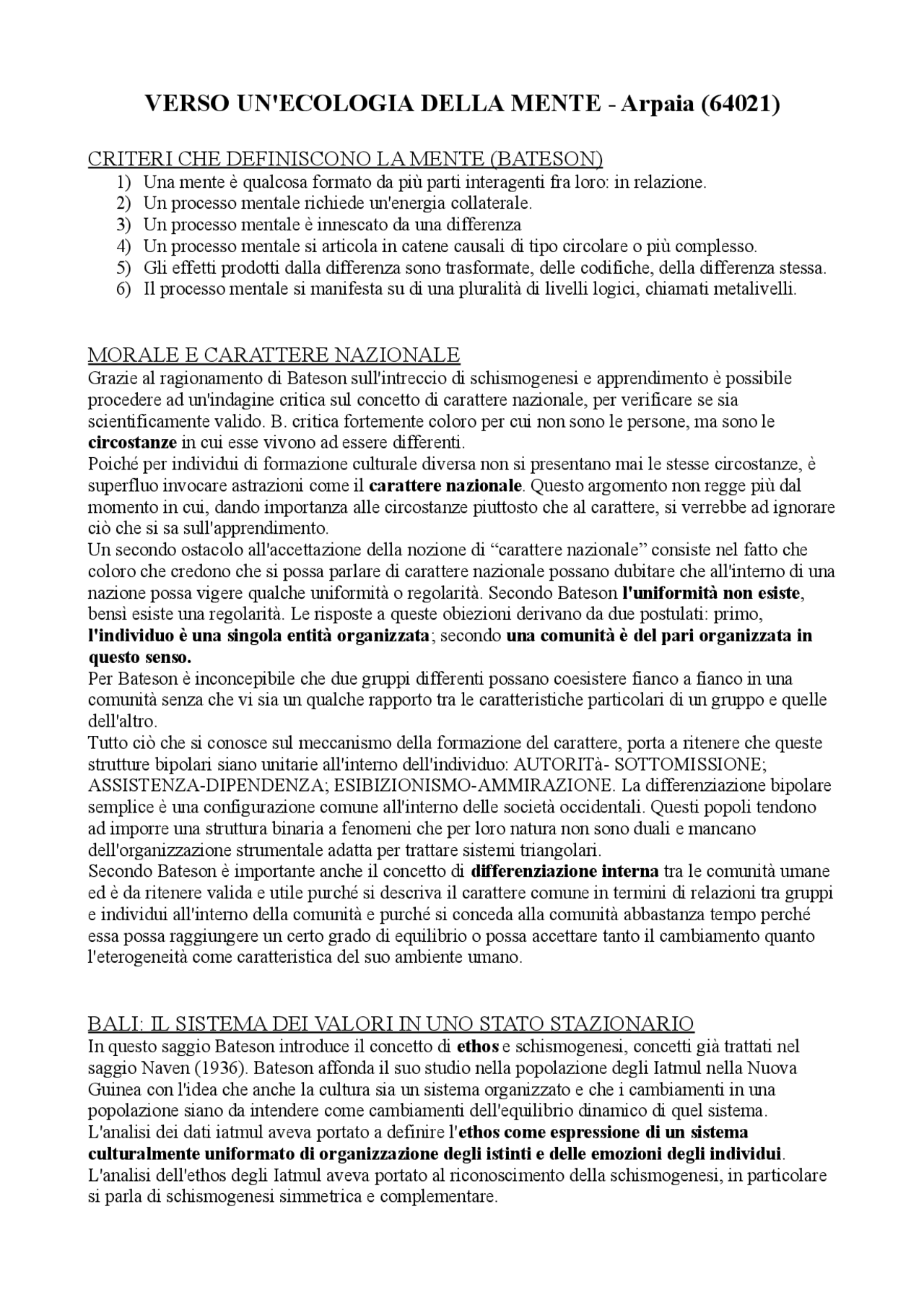 Verso Unecologia Della Mente Bateson Docsity