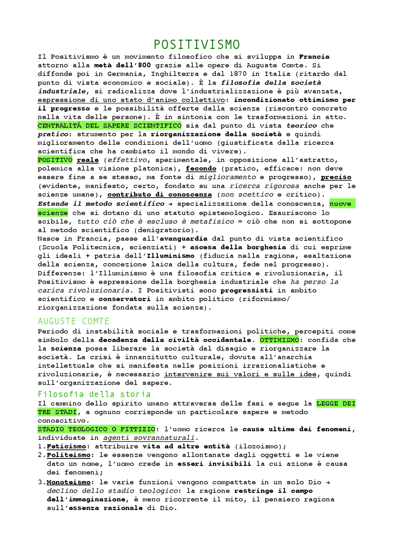 Positivismo Comte Darwin Mill Appunti Di Filosofia Docsity