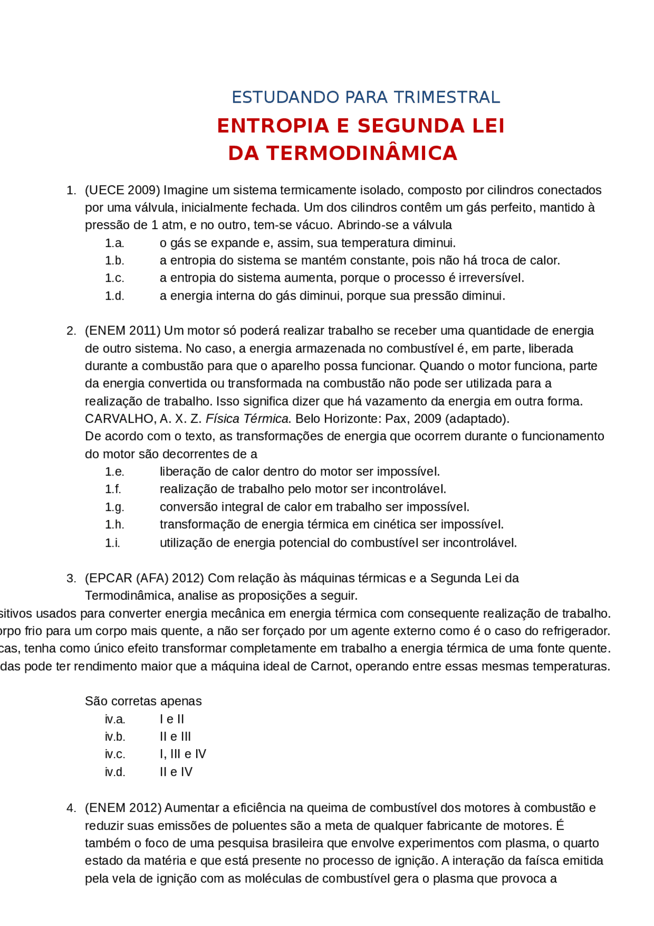 A Segunda Lei Da TermodinÂmica Exercícios Física Docsity